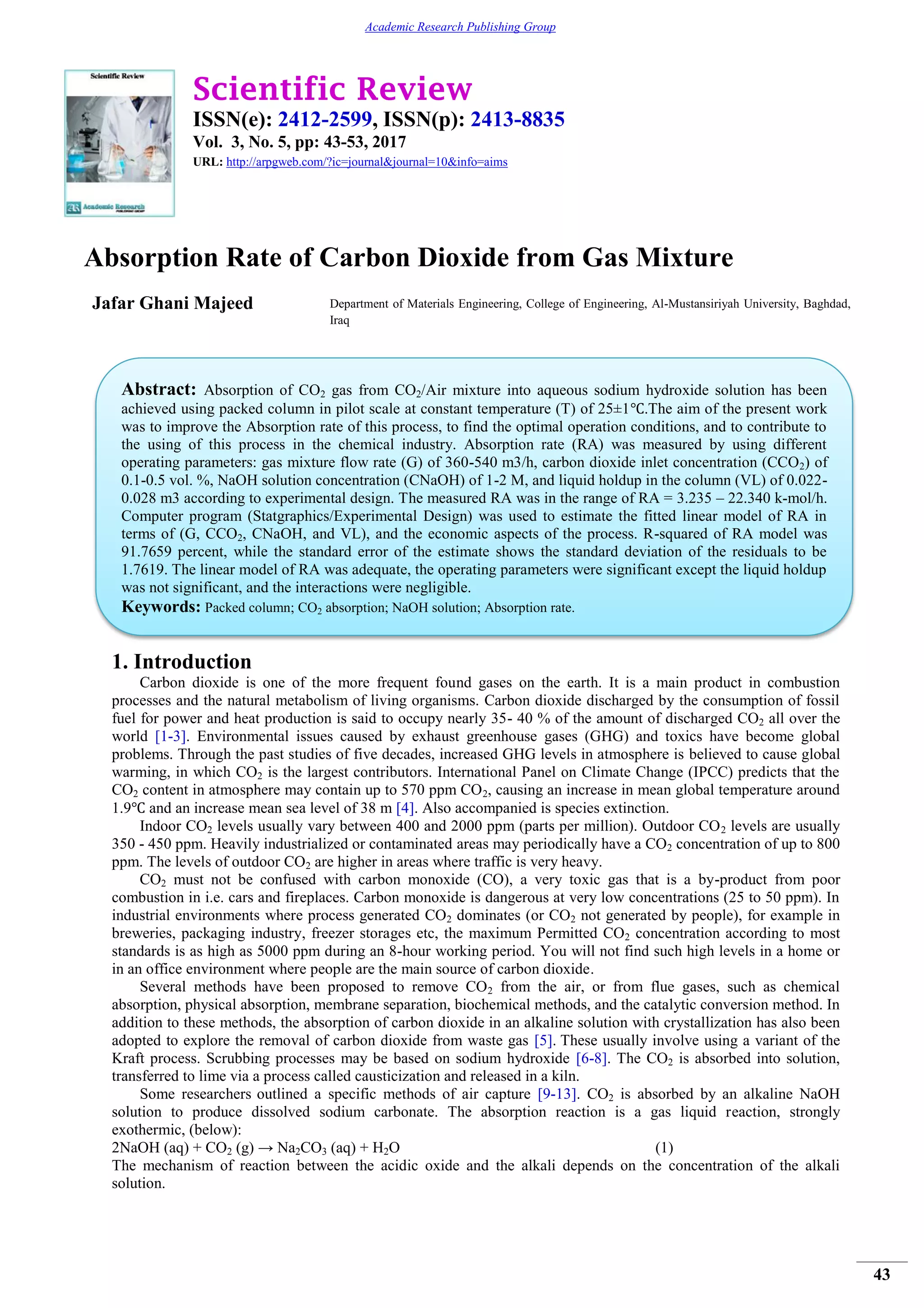 Absorption Rate of Carbon Dioxide from Gas Mixture | PDF