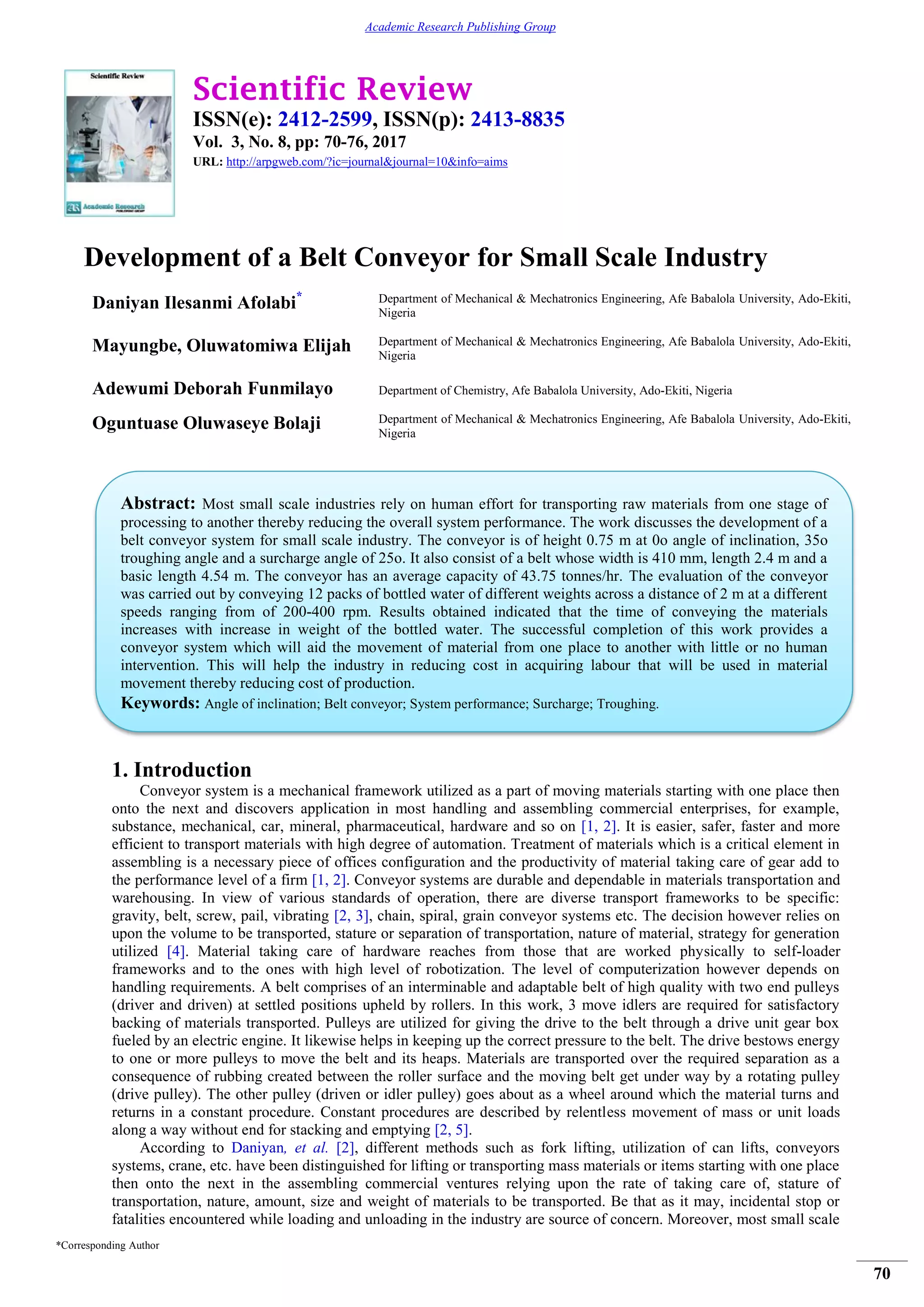 Development of a Belt Conveyor for Small Scale Industry | PDF