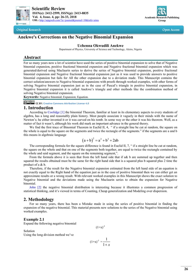 Anekwe's Corrections on the Negative Binomial Expansion | PDF