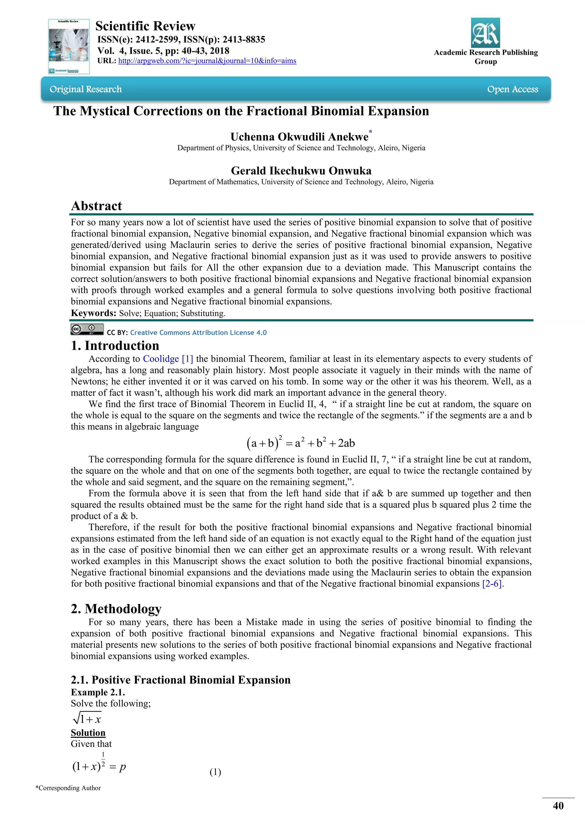 The Mystical Corrections on the Fractional Binomial Expansion | PDF