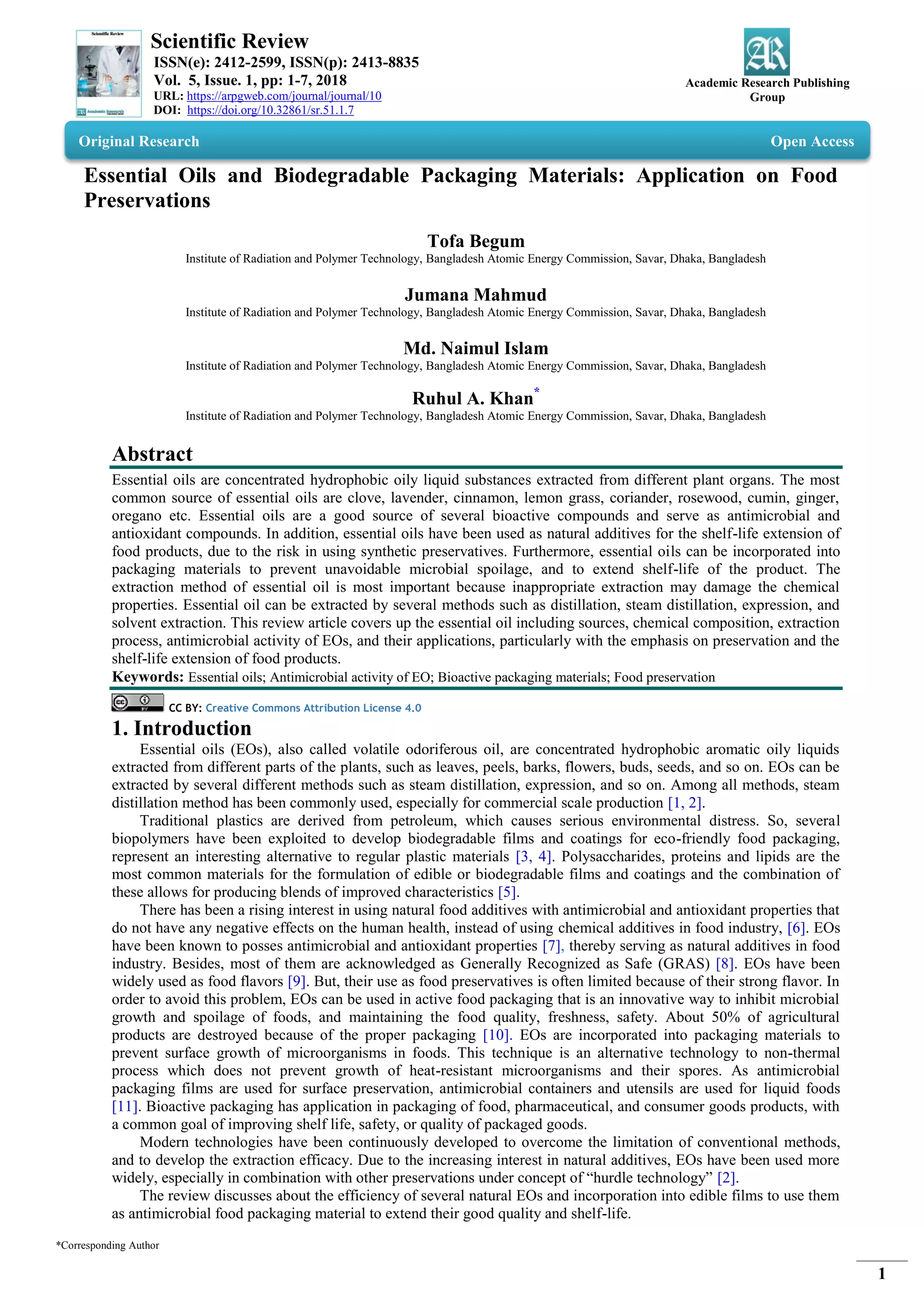 Essential Oils and Biodegradable Packaging Materials: Application on Food Preservations | PDF