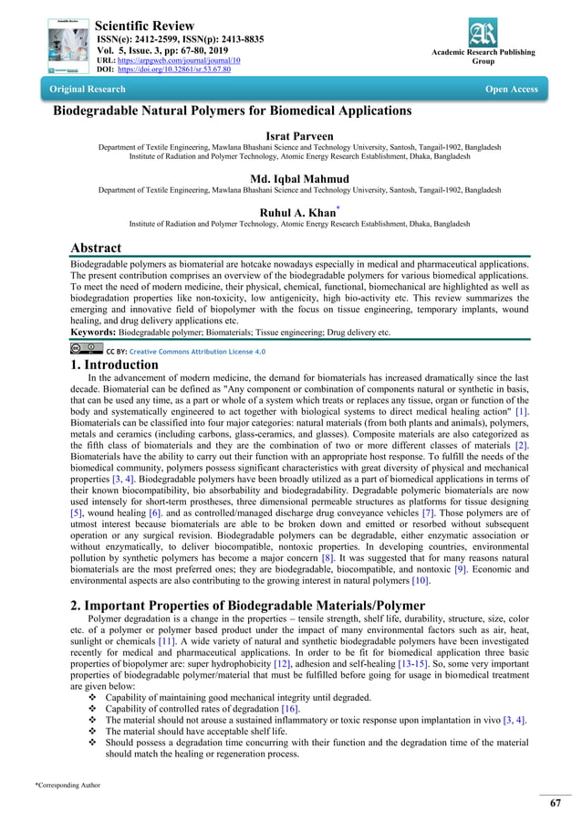 Biodegradable Natural Polymers for Biomedical Applications | PDF