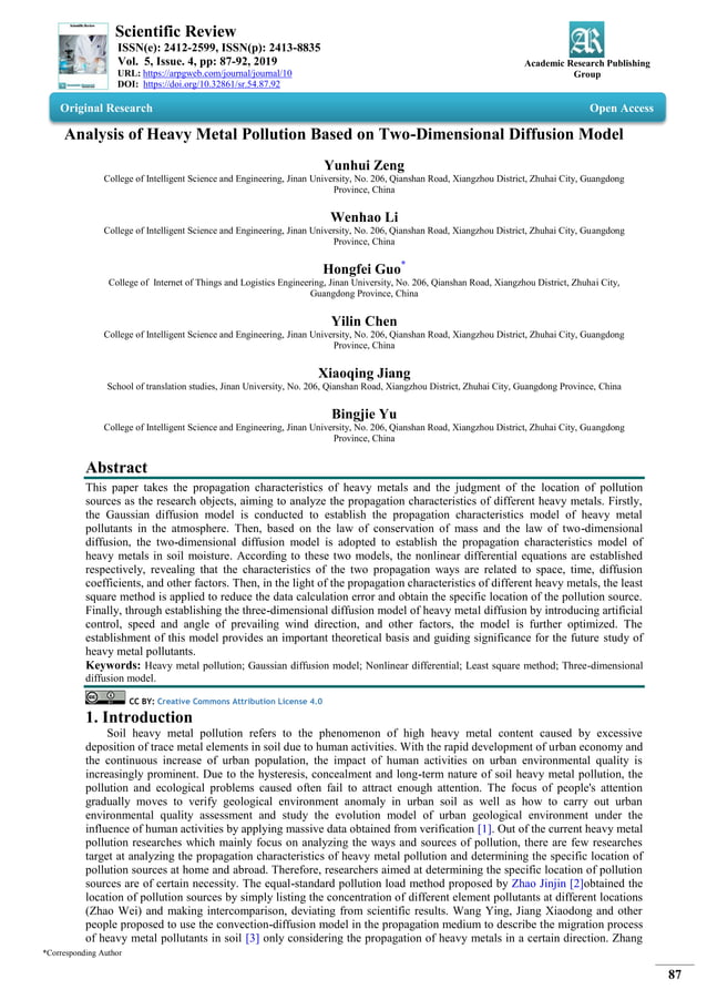 Analysis of Heavy Metal Pollution Based on Two-Dimensional Diffusion ...
