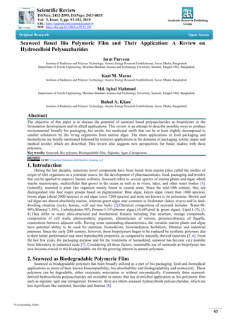 Seaweed Based Bio Polymeric Film and Their Application: A Review on ...
