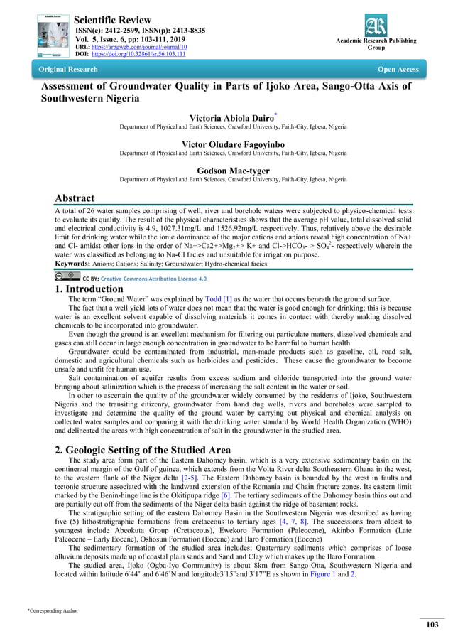 Assessment of Groundwater Quality in Parts of Ijoko Area, Sango-Otta Axis of Southwestern ...