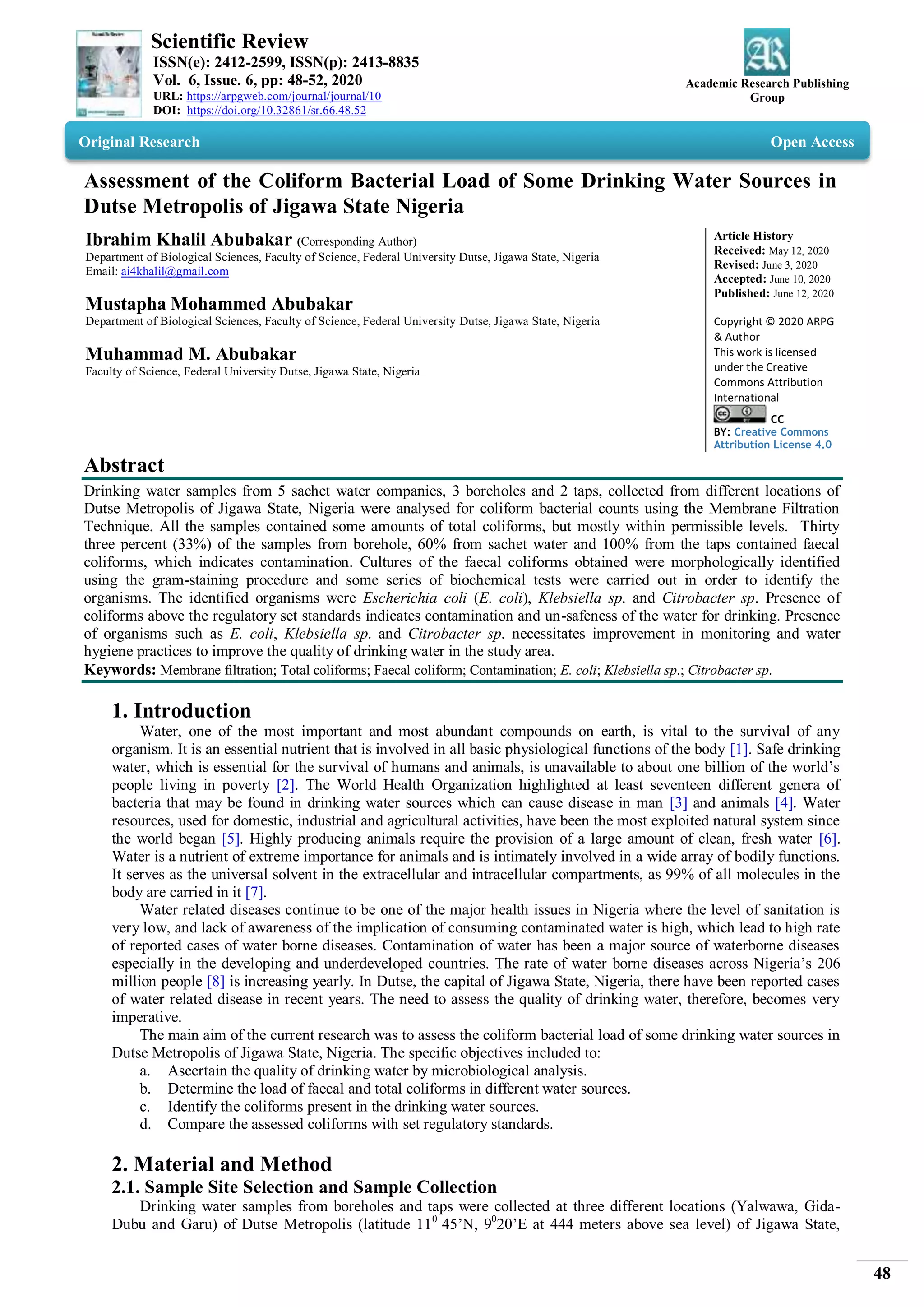 Assessment of the Coliform Bacterial Load of Some Drinking Water Sources in Dutse Metropolis of ...