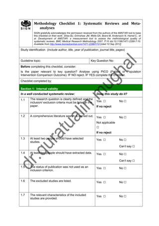Methodology Checklist : Systematic Reviews and Meta-analyses Notes for ...