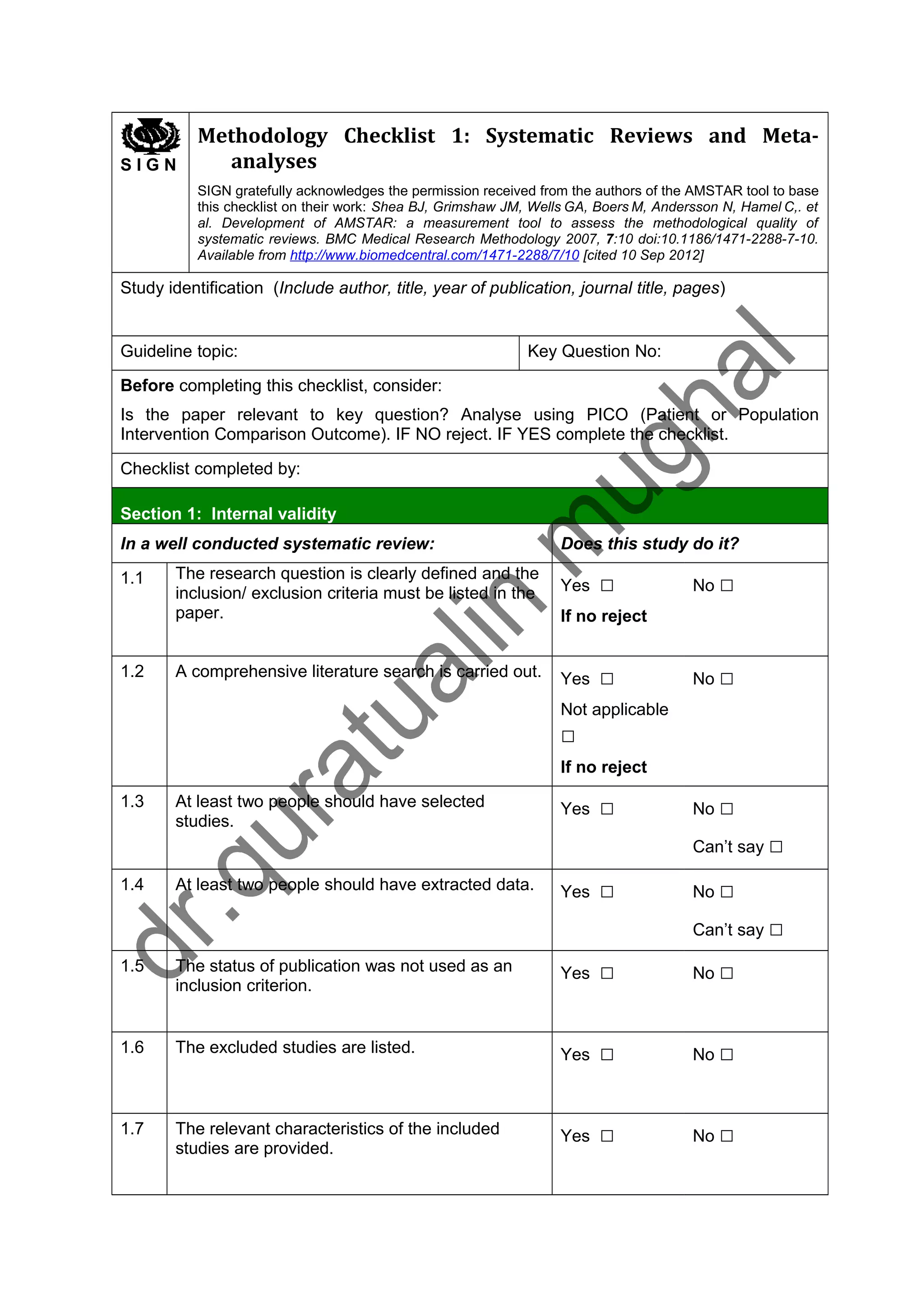 Methodology Checklist : Systematic Reviews and Meta-analyses Notes for ...
