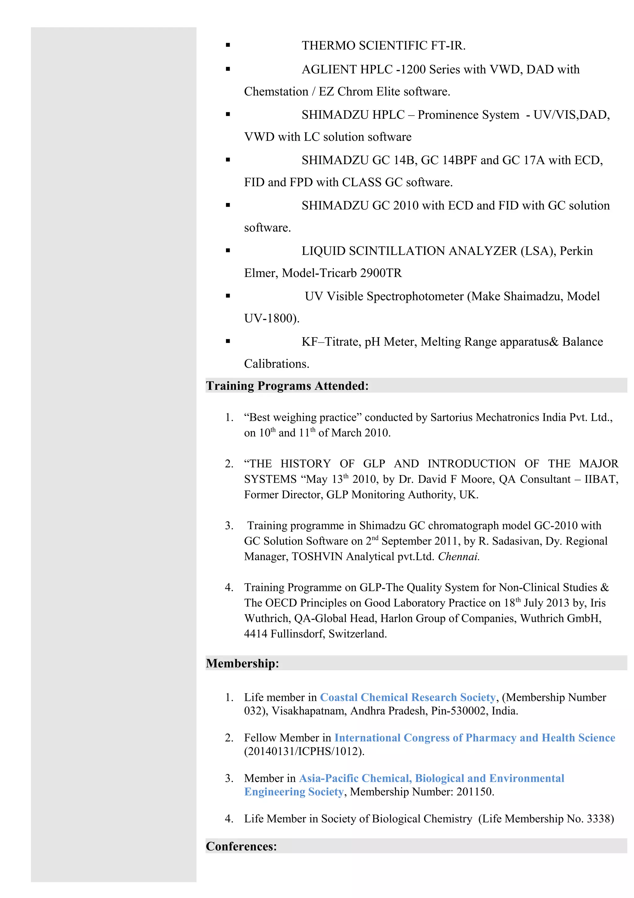 Sree GLP- Analytical CV 2018 | PDF