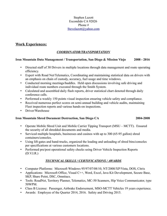 Transportation Coordinator/Driver Class B | PDF | Commercial Trucks ...