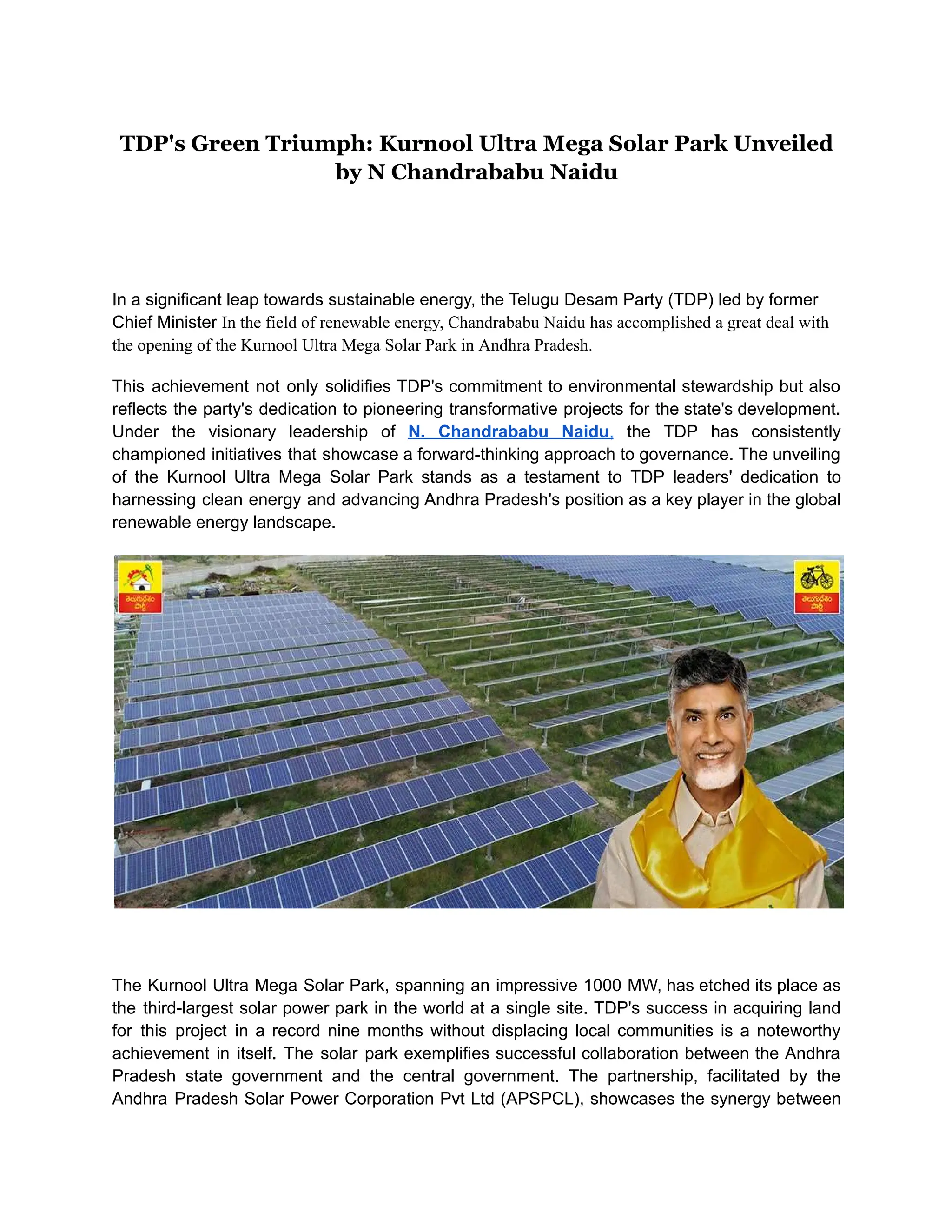TDP's Green Triumph: Kurnool Ultra Mega Solar Park Unveiled by N ...