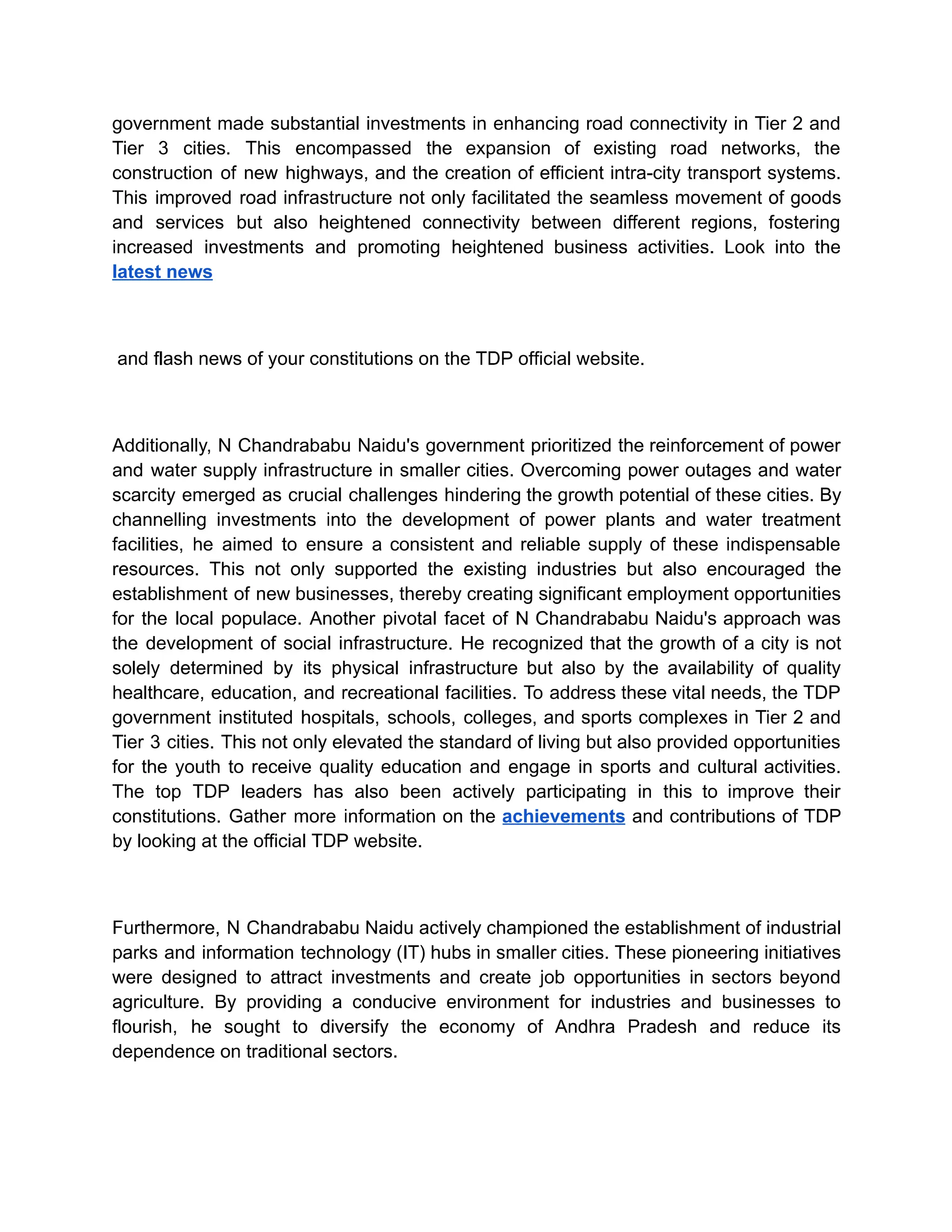 N Chandrababu Naidu's Vision: Transforming Tier 2 and Tier 3 Cities in Andhra Pradesh | PDF