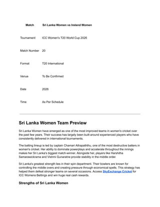 ICC Women's T20 World Cup 2026: Sri Lanka Women vs Ireland Women Match ...