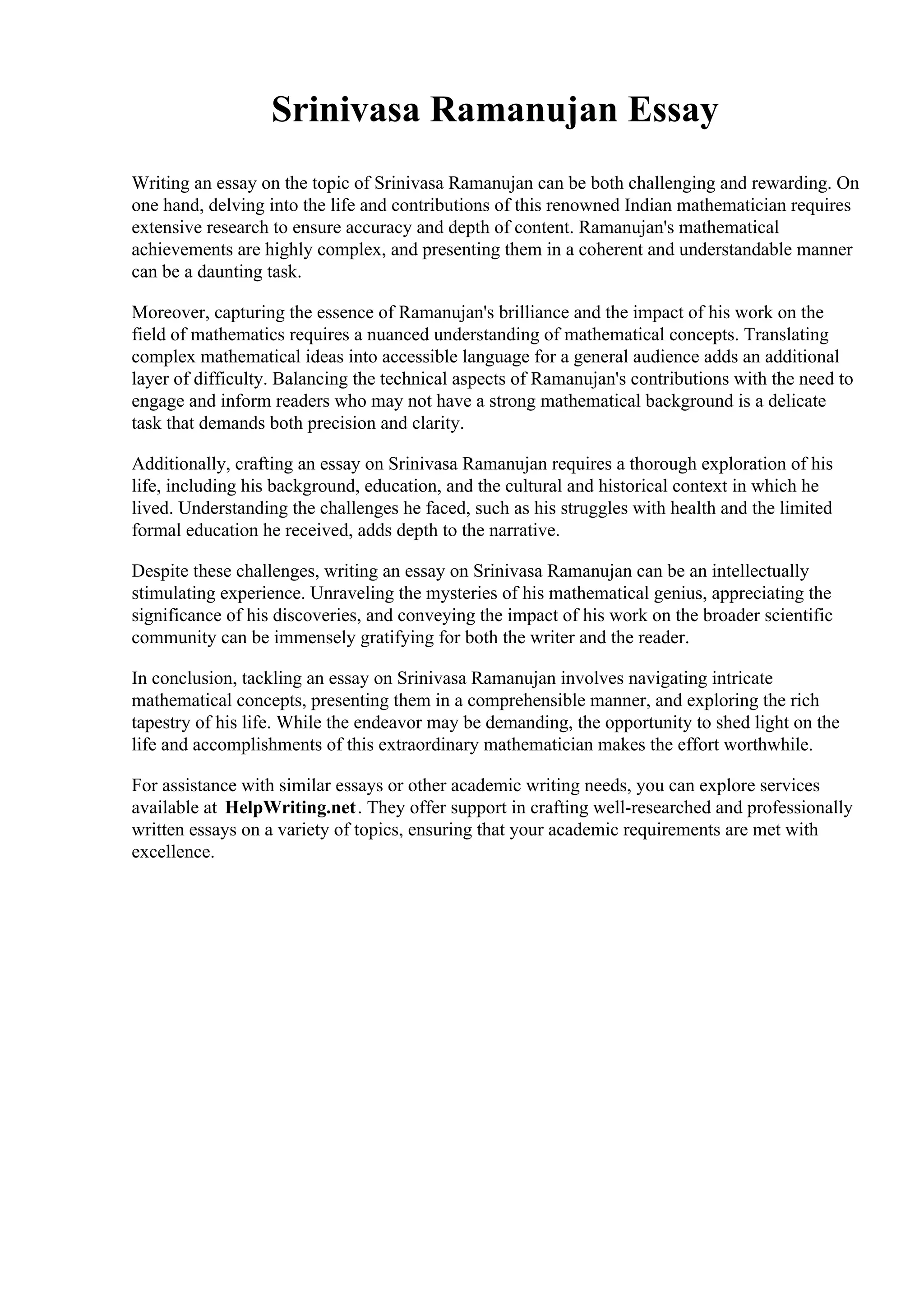 Srinivasa Ramanujan Essay. Mildred Elley | PDF | Physics | Science