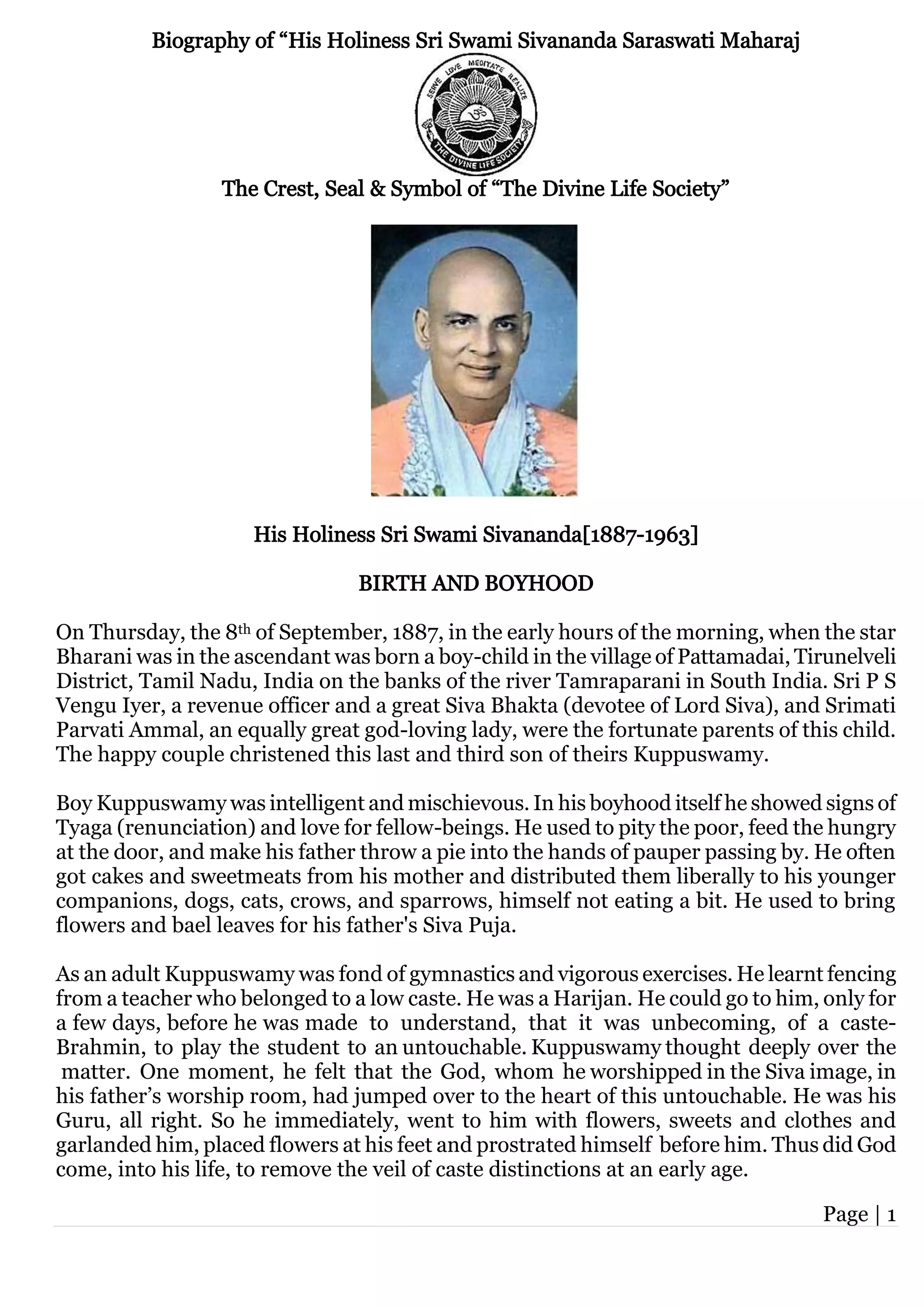 Sri swami sivananda saraswati maharaj biography | PDF