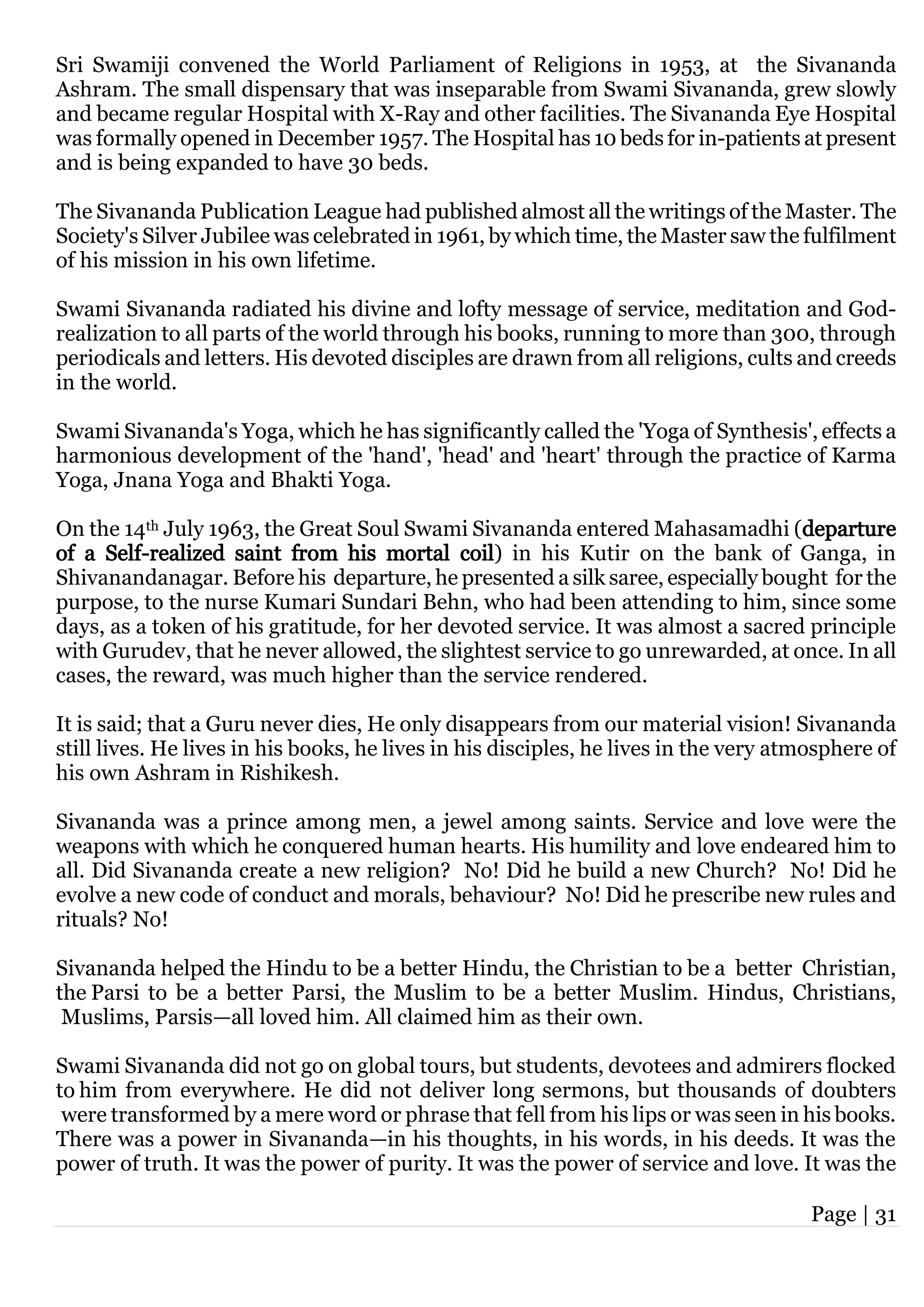 Sri swami sivananda saraswati maharaj biography | PDF