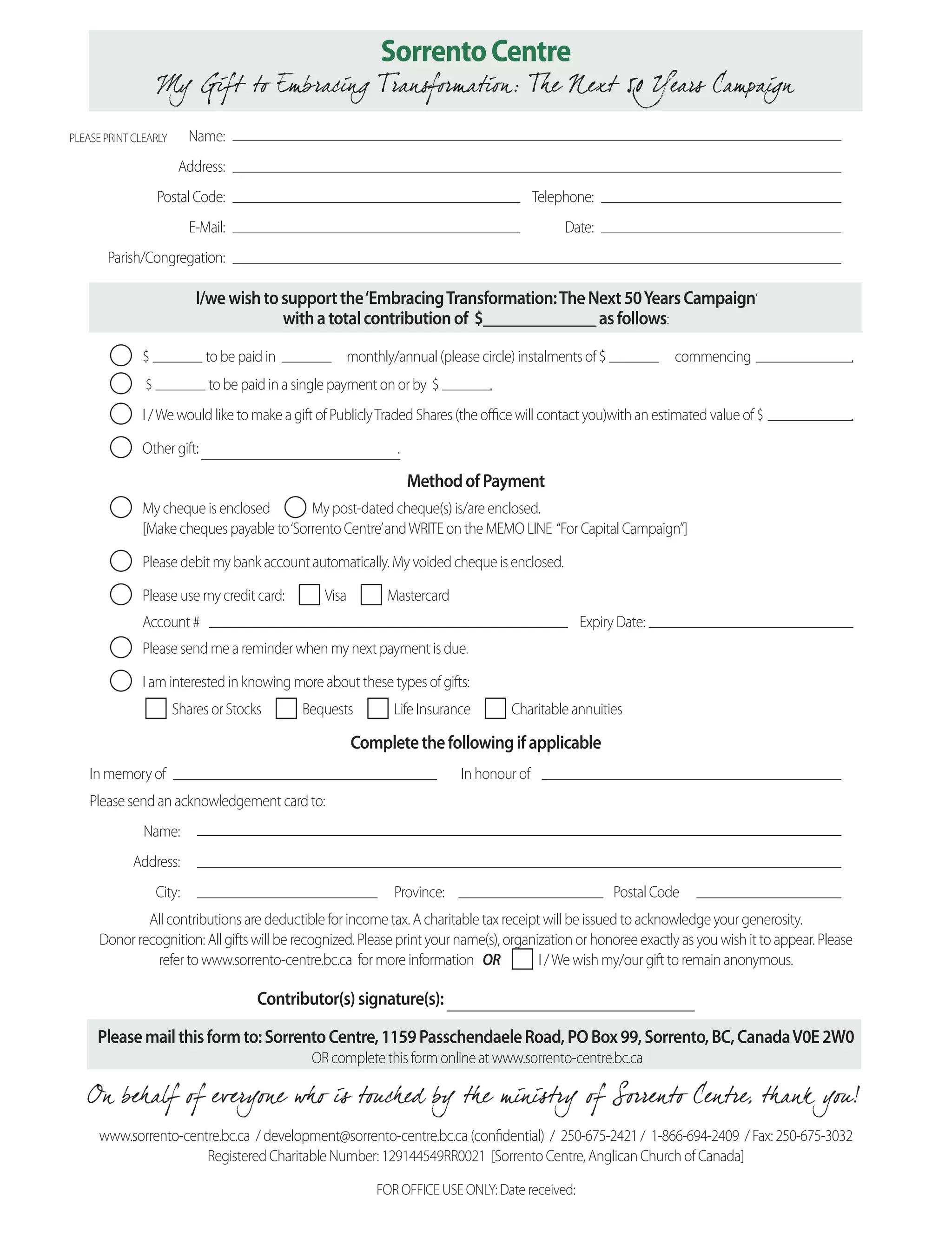 Sorrento Centre pledge form for "Next 50" Capital Campaign | PDF