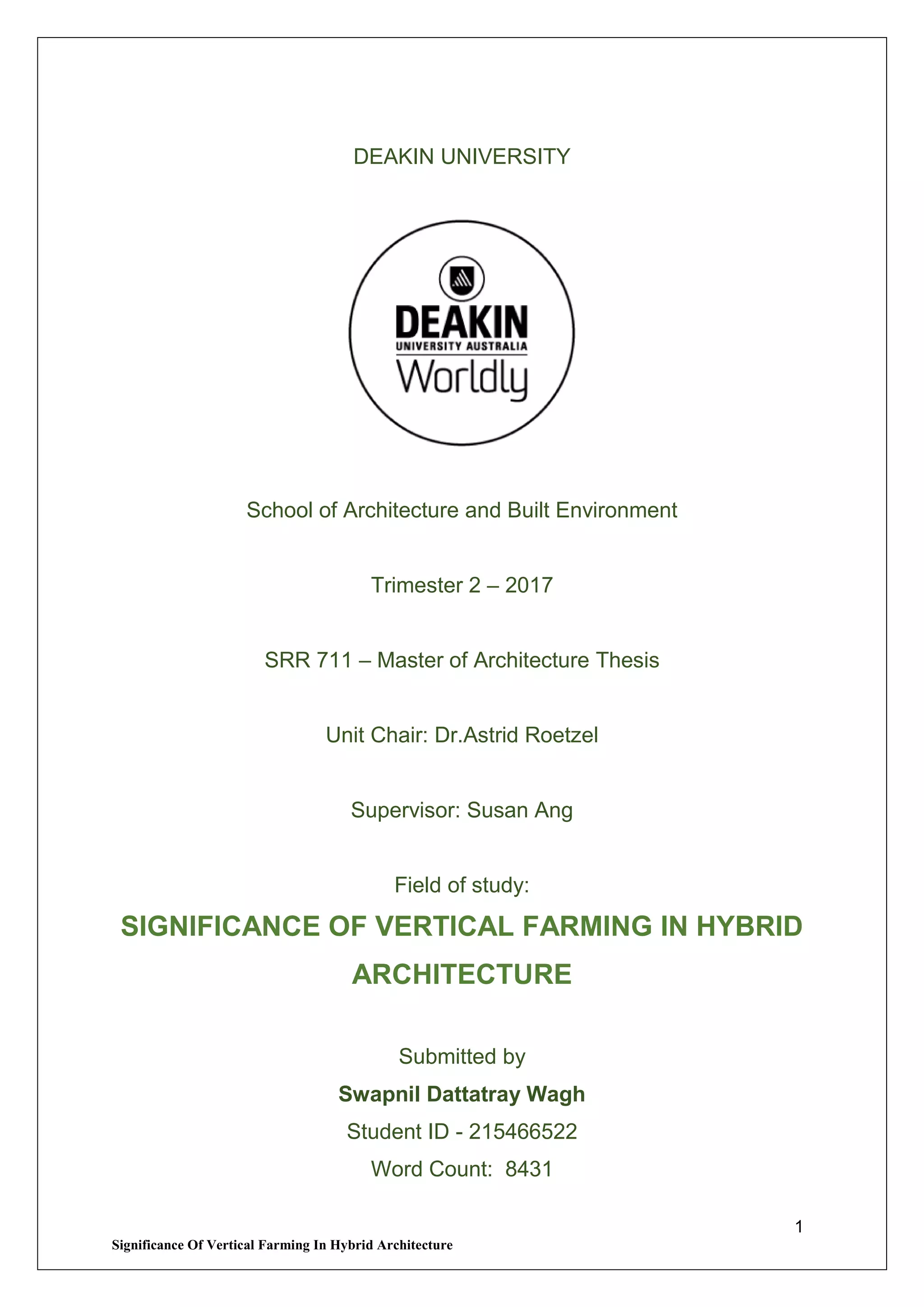 Thesis- SIGNIFICANCE OF VERTICAL FARMING IN HYBRID ARCHITECTURE | PDF