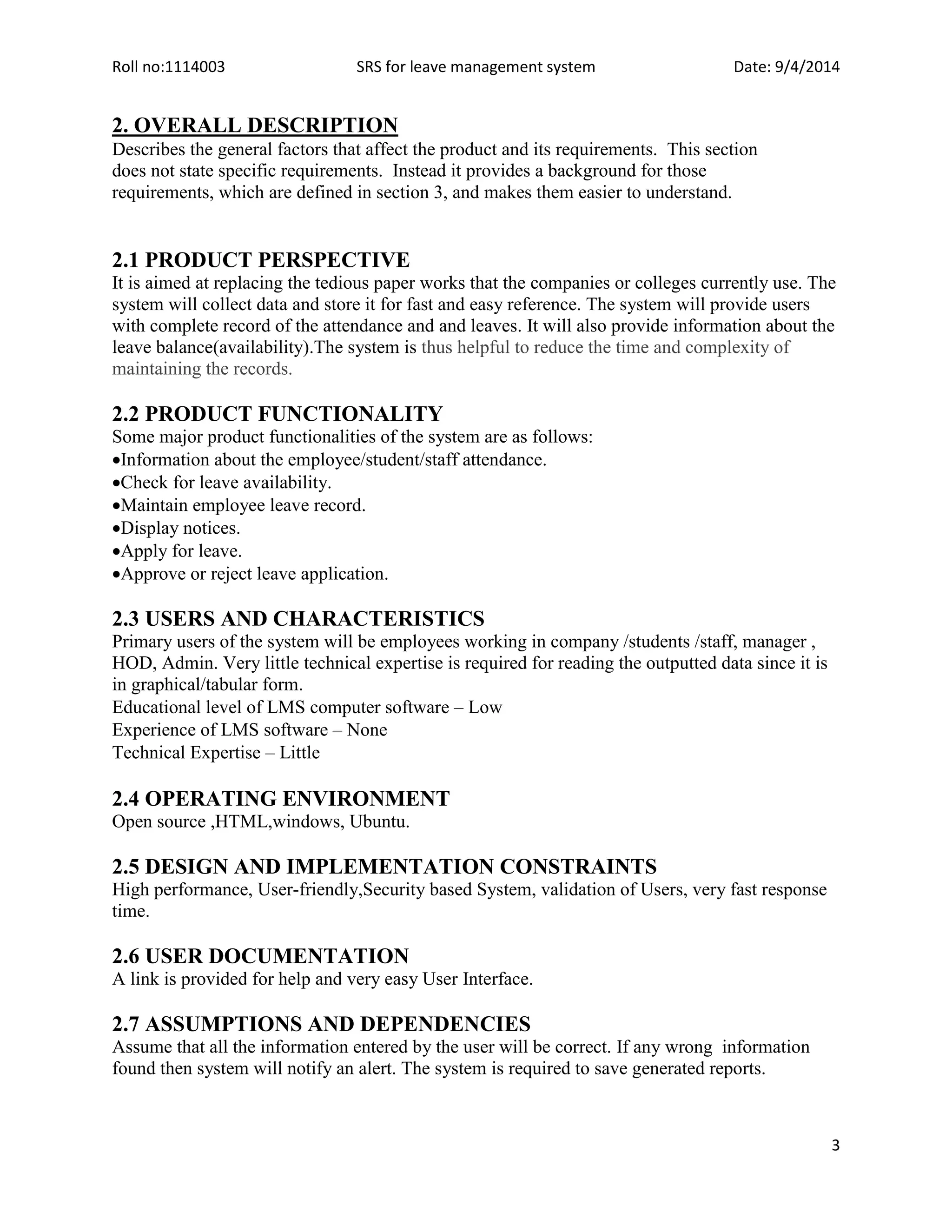 Leave Management System: Software Requirements Specification Document ...