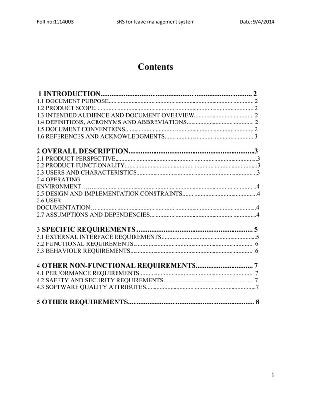 Leave Management System: Software Requirements Specification Document(SRS) | DOCX