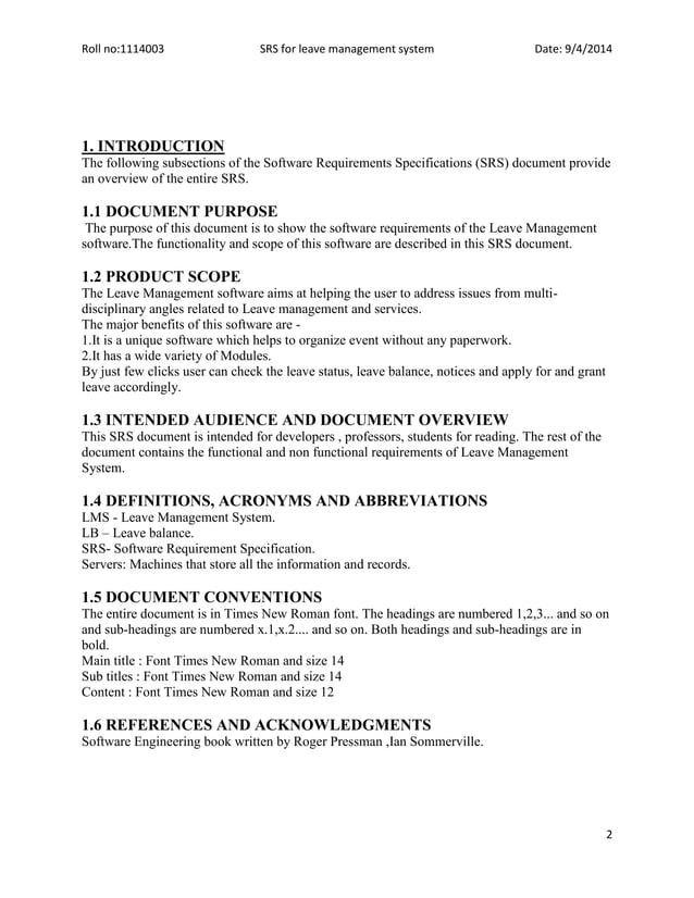 Leave Management System: Software Requirements Specification Document(SRS) | DOCX