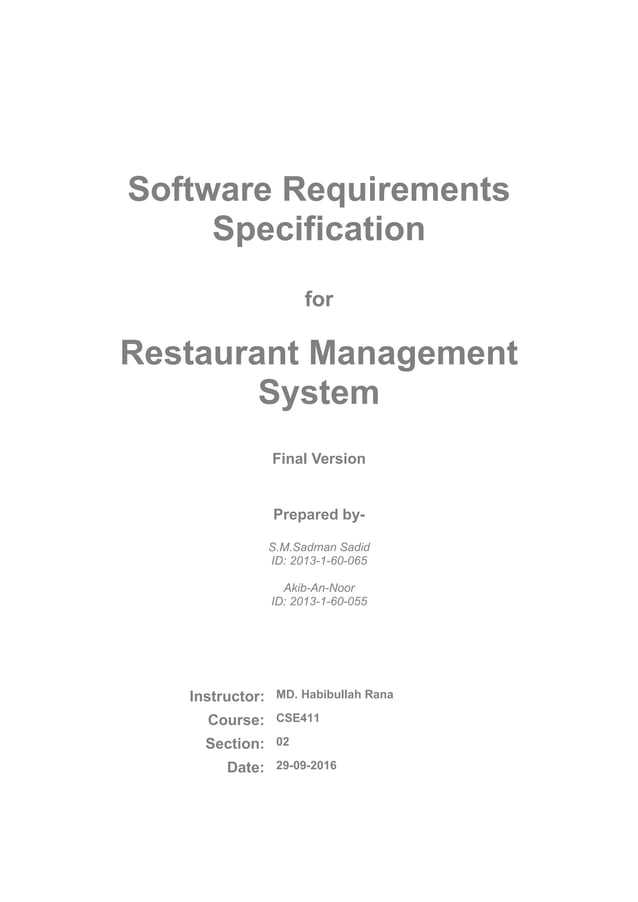 Software Requirements Specification for restaurant management system | PDF | Operating Systems ...