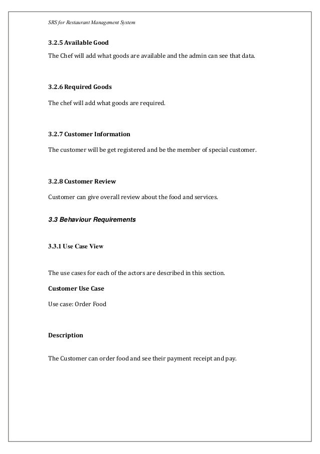 Software Requirements Specification for restaurant management system