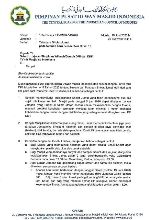 Surat Edaran DMI Tata Tentang Cara Salat Jumat saat Pandemi COVID-19 | PDF
