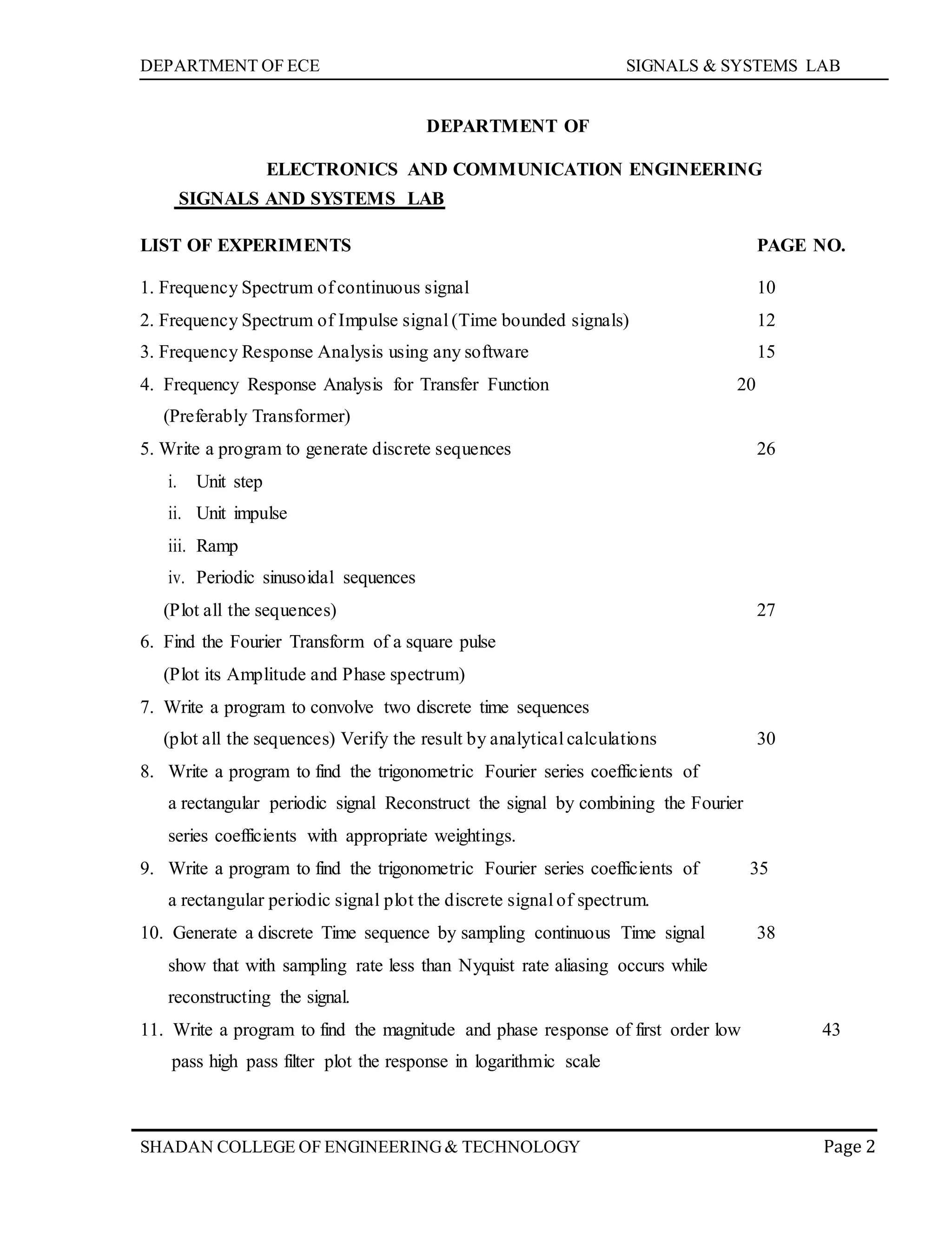 Signals And Systems Lab Manual, R18 Batch | DOCX