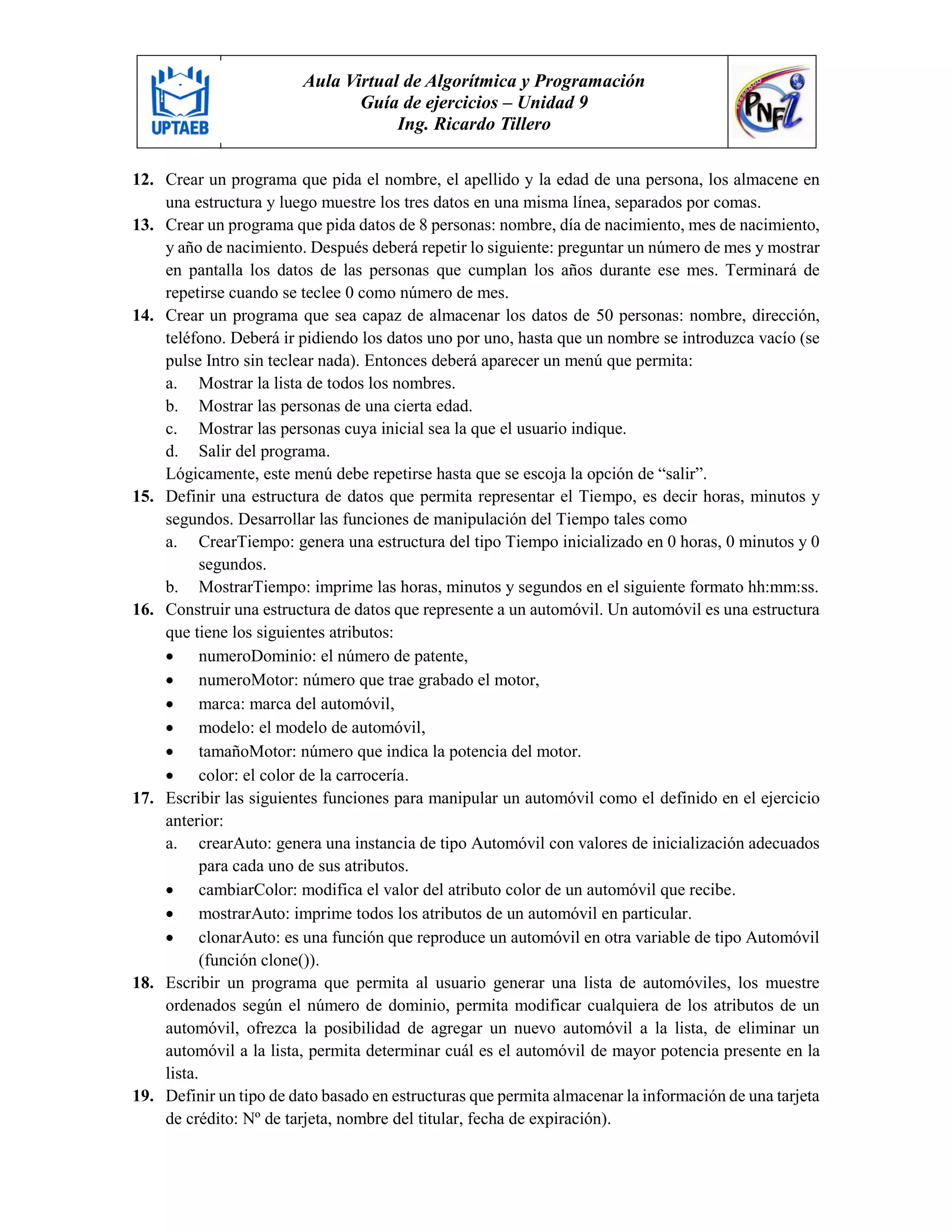 Guía de ejercicios de manejo de estructuras de registros | PDF Guía de ejercicios de manejo de estructuras de registros | PDF