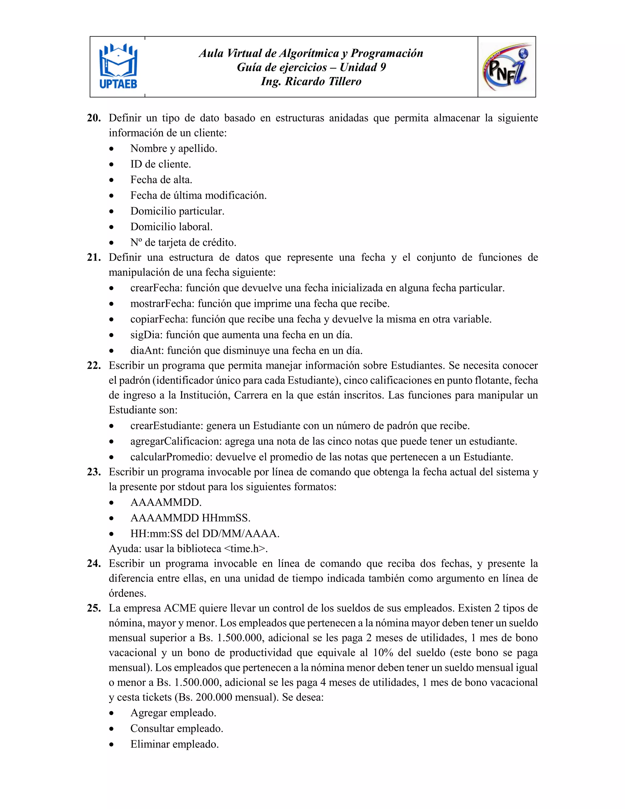 Guía de ejercicios de manejo de estructuras de registros | PDF Guía de ejercicios de manejo de estructuras de registros | PDF