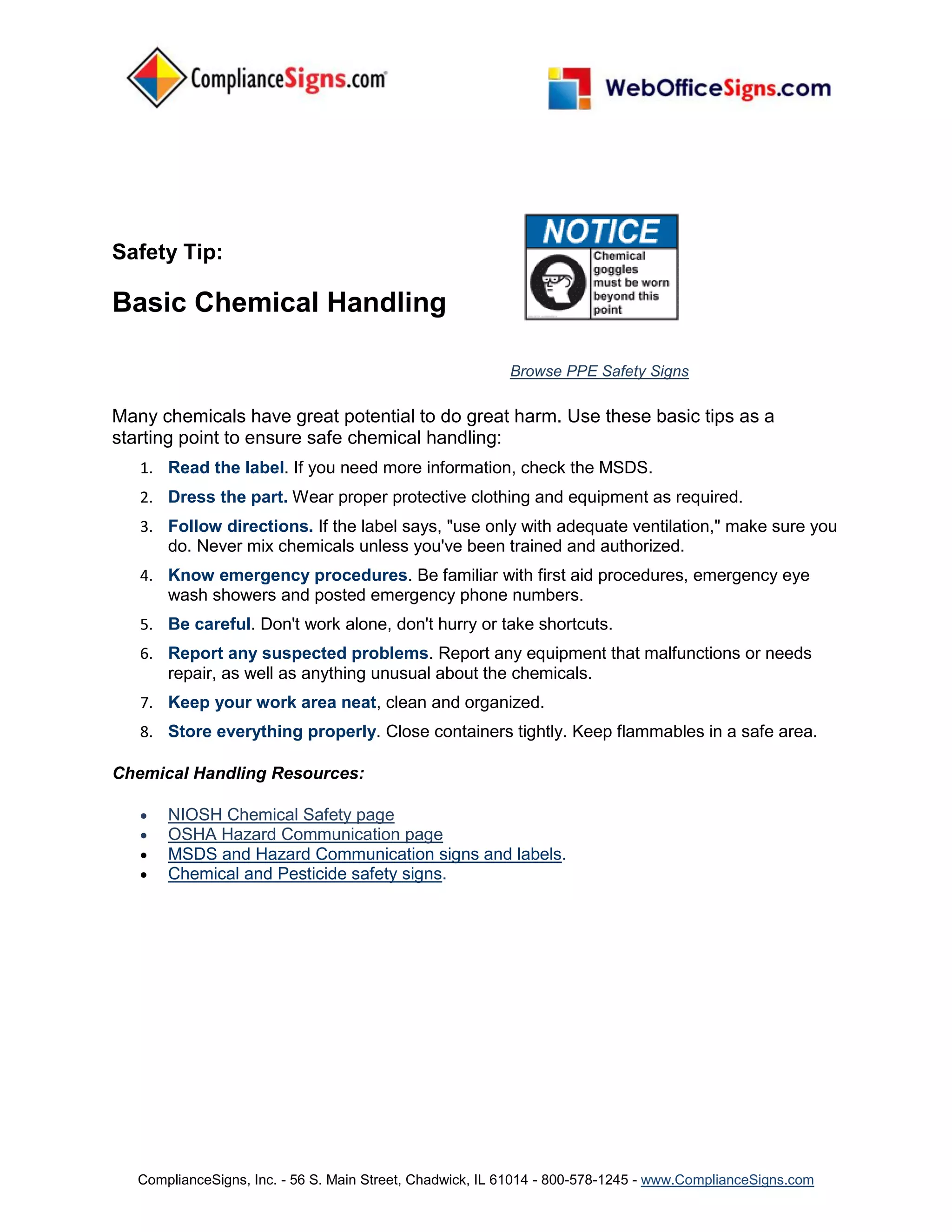 Safety Tip: Chemical Handling | PDF