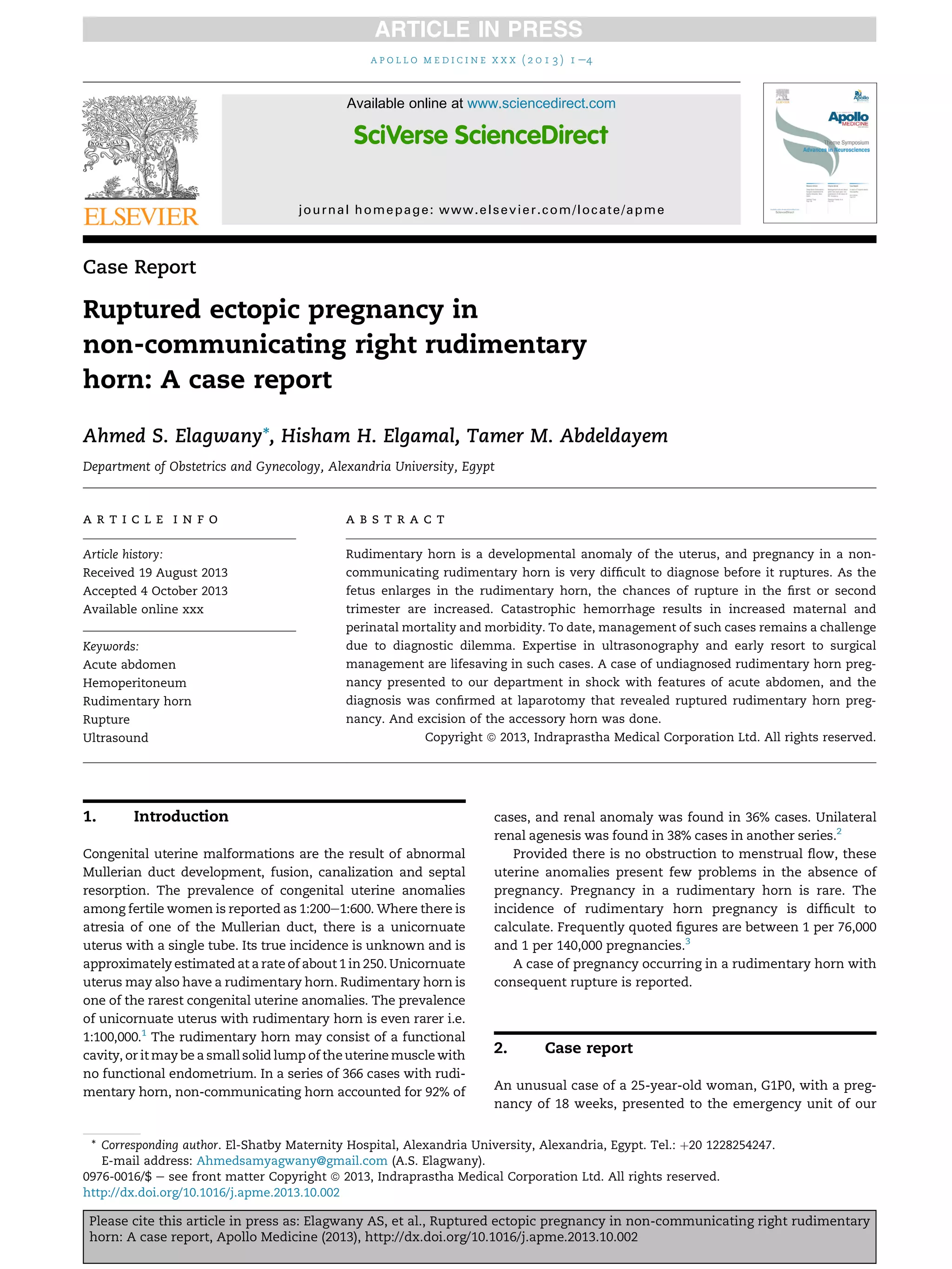 Ruptured ectopic pregnancy in non-communicating right rudimentary horn ...