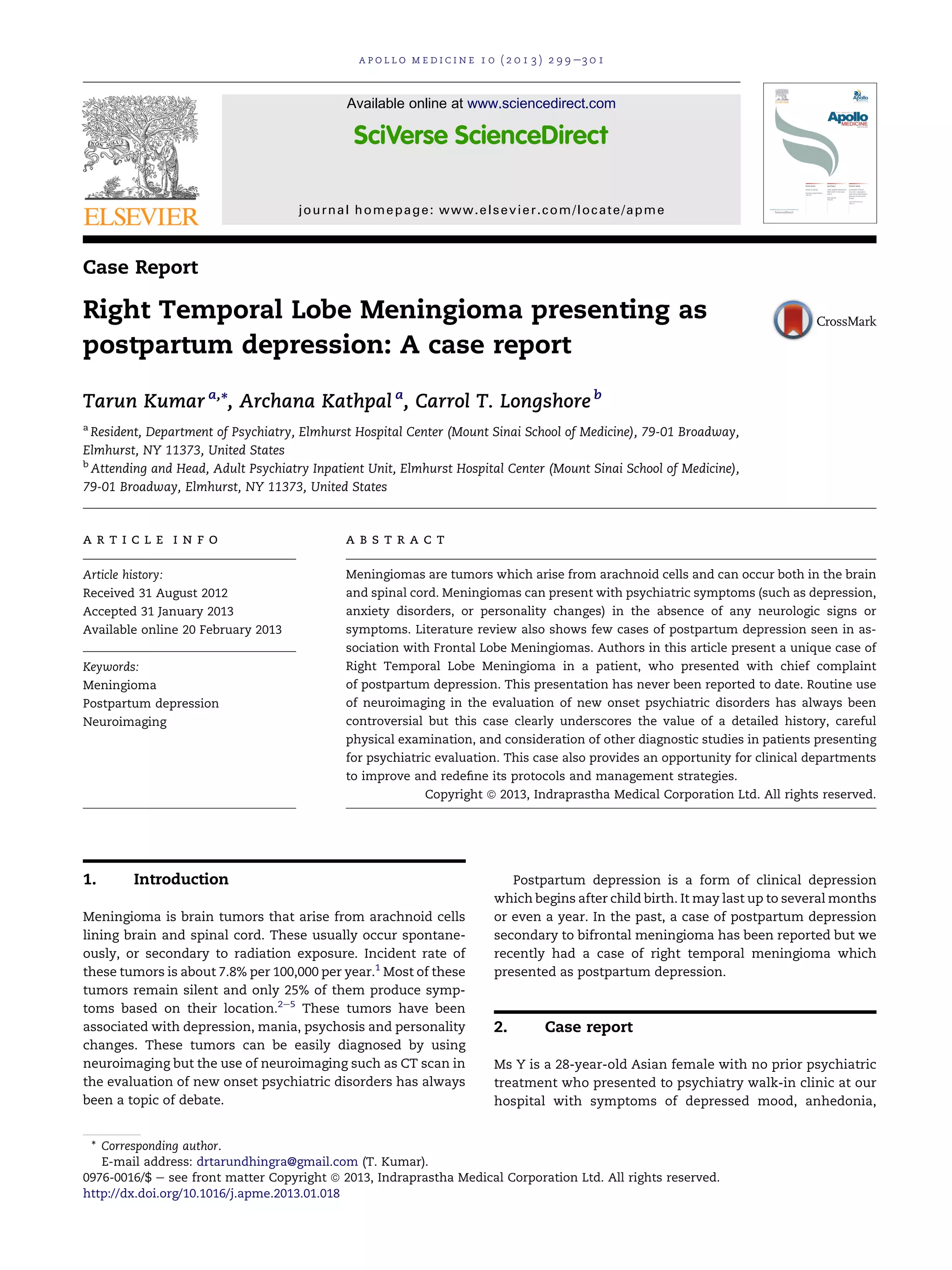 Right Temporal Lobe Meningioma presenting as postpartum depression: A ...