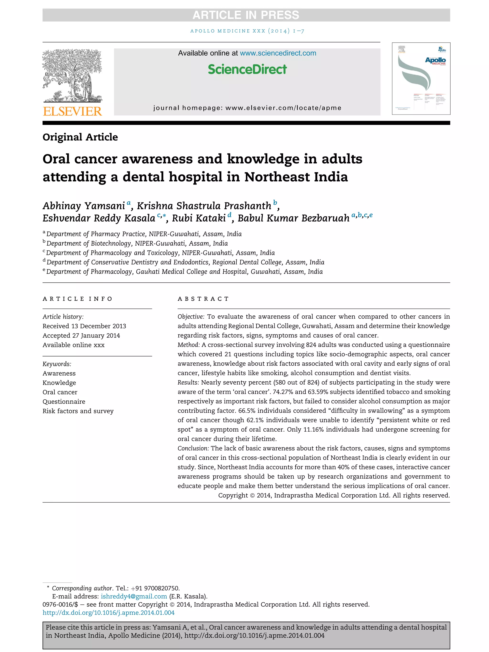 Oral cancer awareness and knowledge in adults attending a dental ...