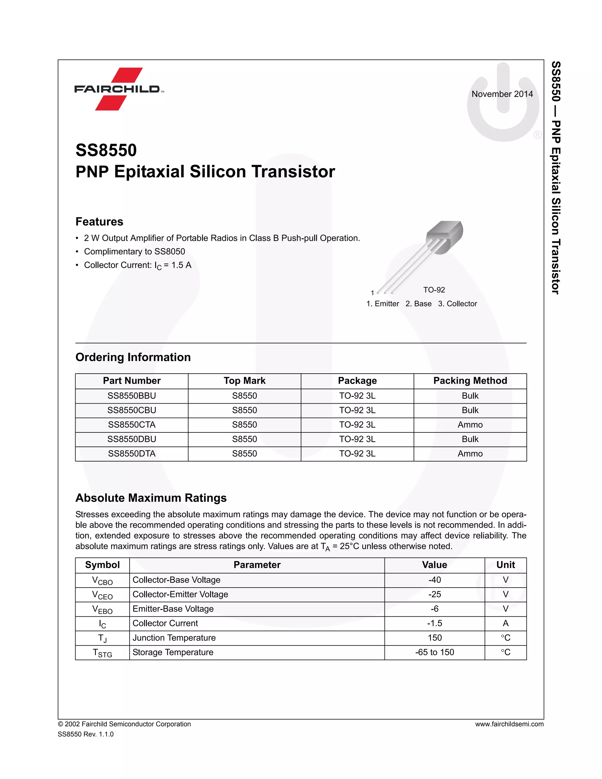 Original Transistor PNP SS8550 S8550 8550 1.5A 40V TO-92 New | PDF