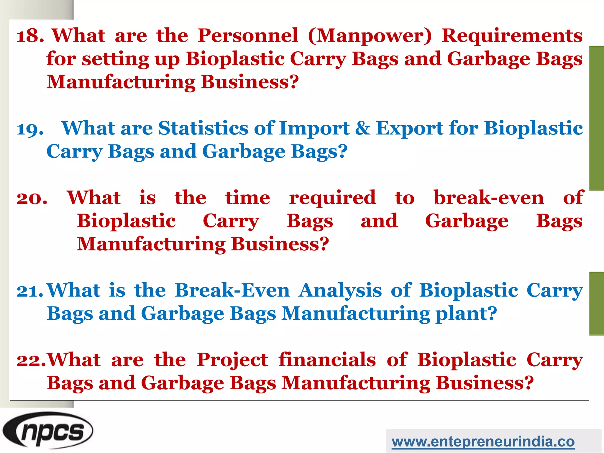 Bioplastic Carry Bags and Garbage Bags Production | PPTX