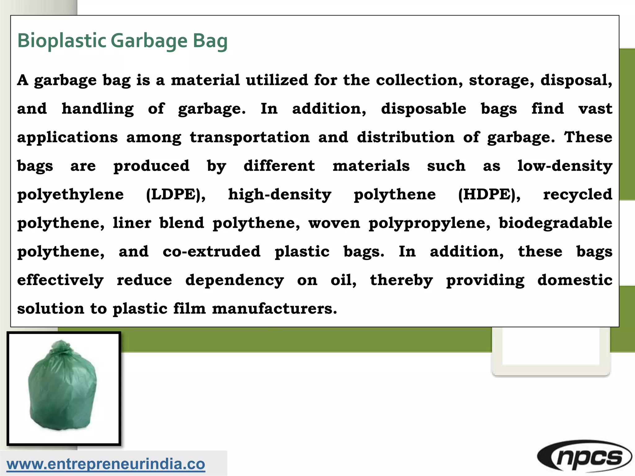 Bioplastic Carry Bags and Garbage Bags Production | PPTX