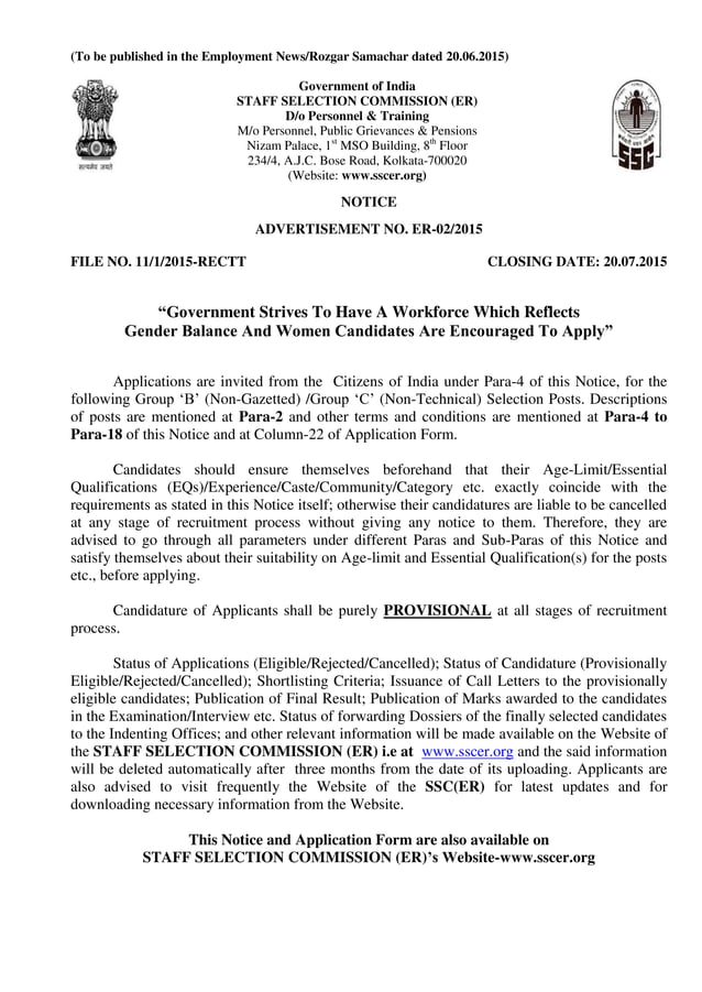 Ssc sscer-notified-recruitment-for-63-various-posts-2015 | PDF
