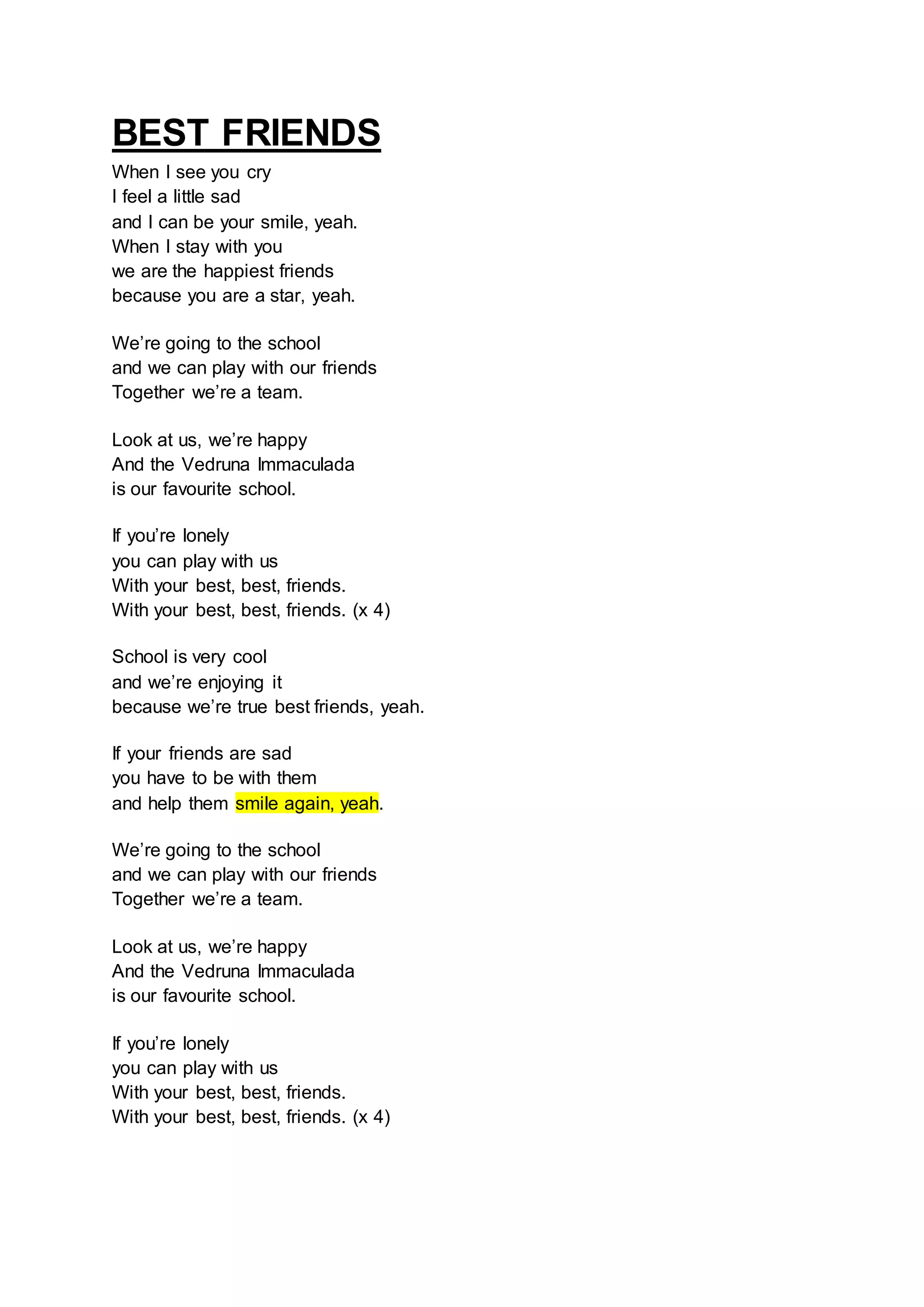 Ssc1516 lyrics vedruna immaculada best friends song 6è b | DOCX