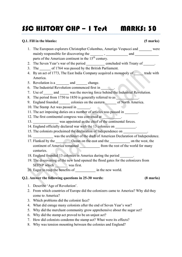 S.S.C. History Chp 1 Test Paper | PDF