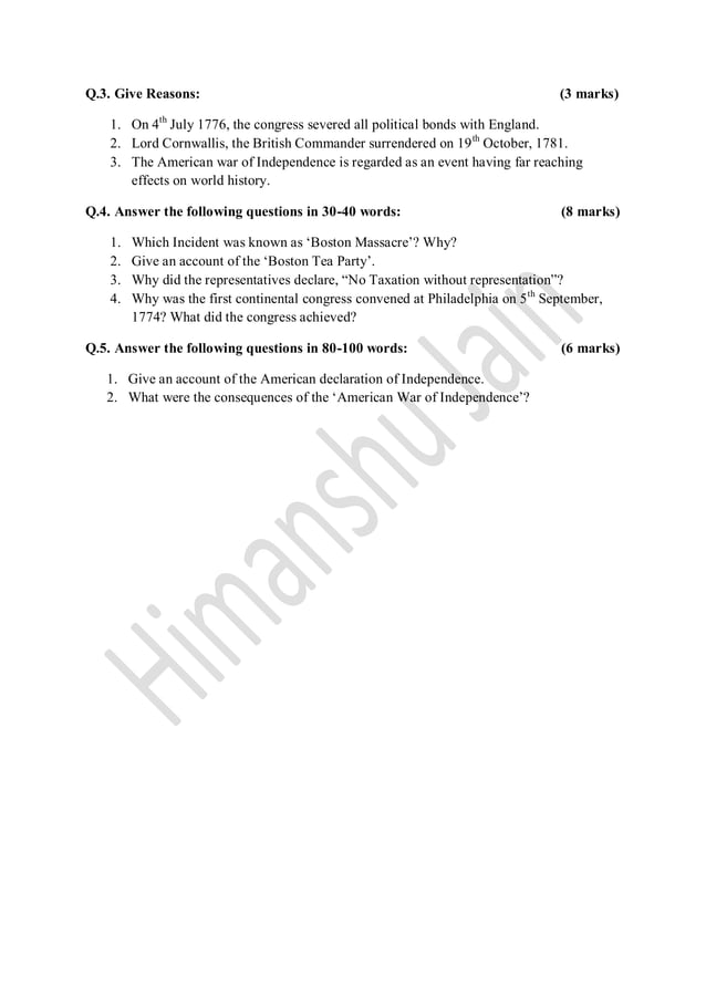 S.S.C. History Chp 1 Test Paper | PDF