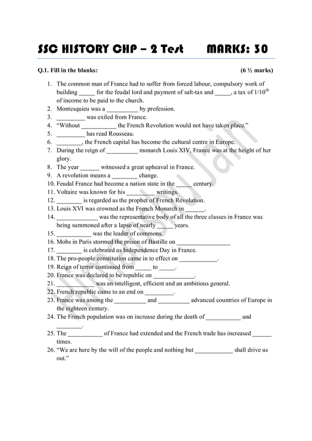 S.S.C. History Chp 2 Test Paper | PDF