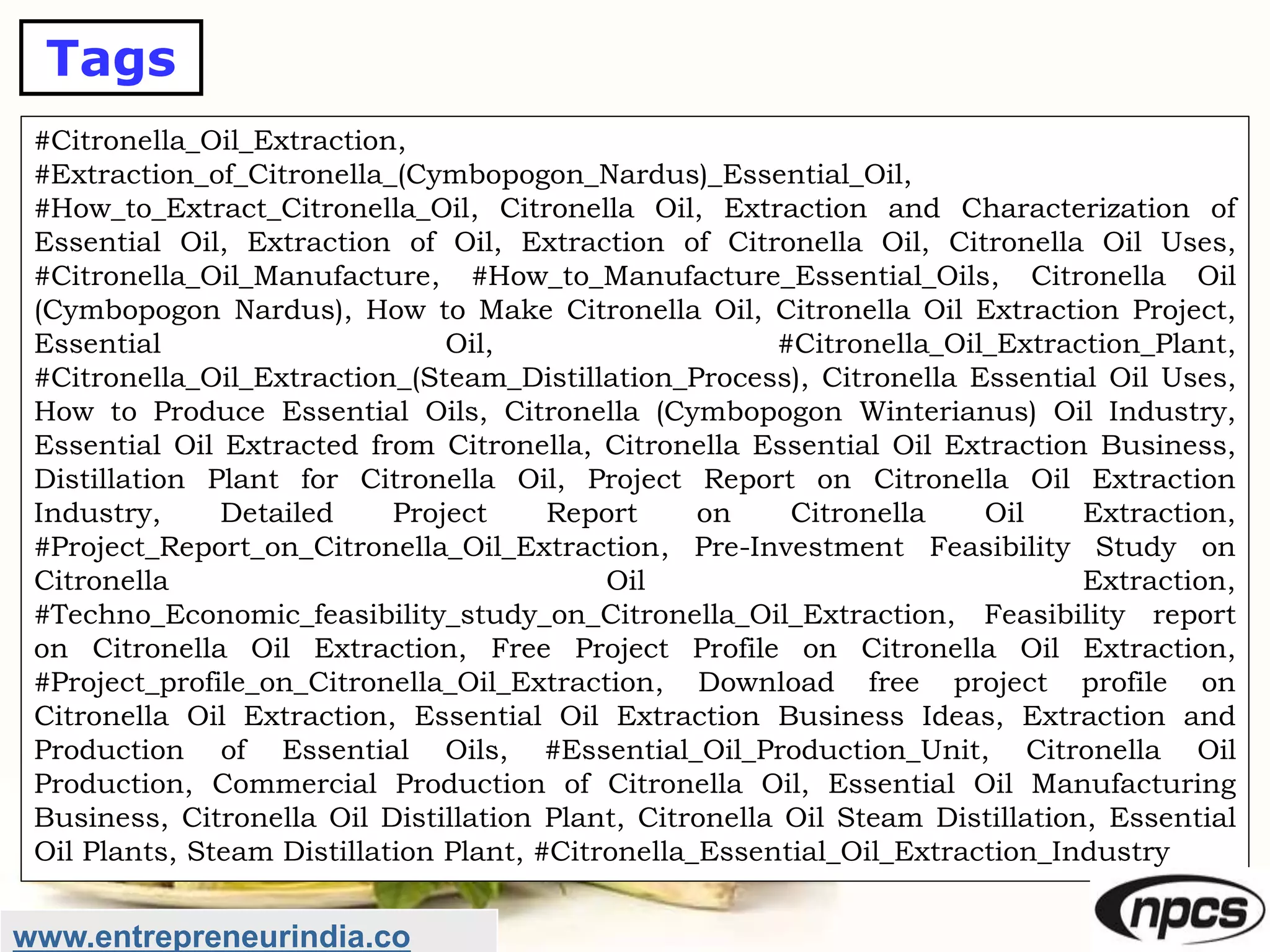 Citronella (Cymbopogon nardus) Oil Extraction | PPTX