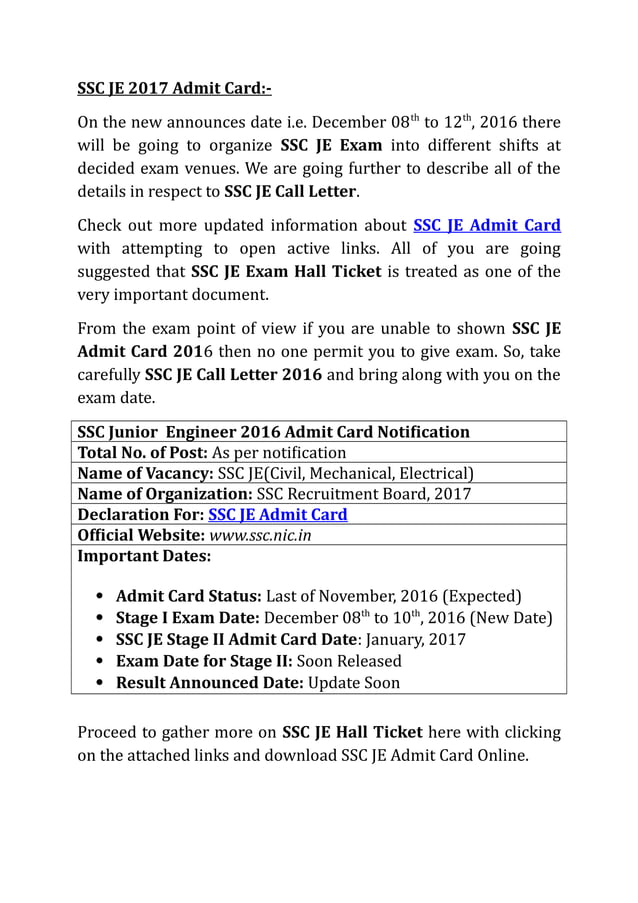 SSC JE 2017 Admit Card Details and Download Link | PDF