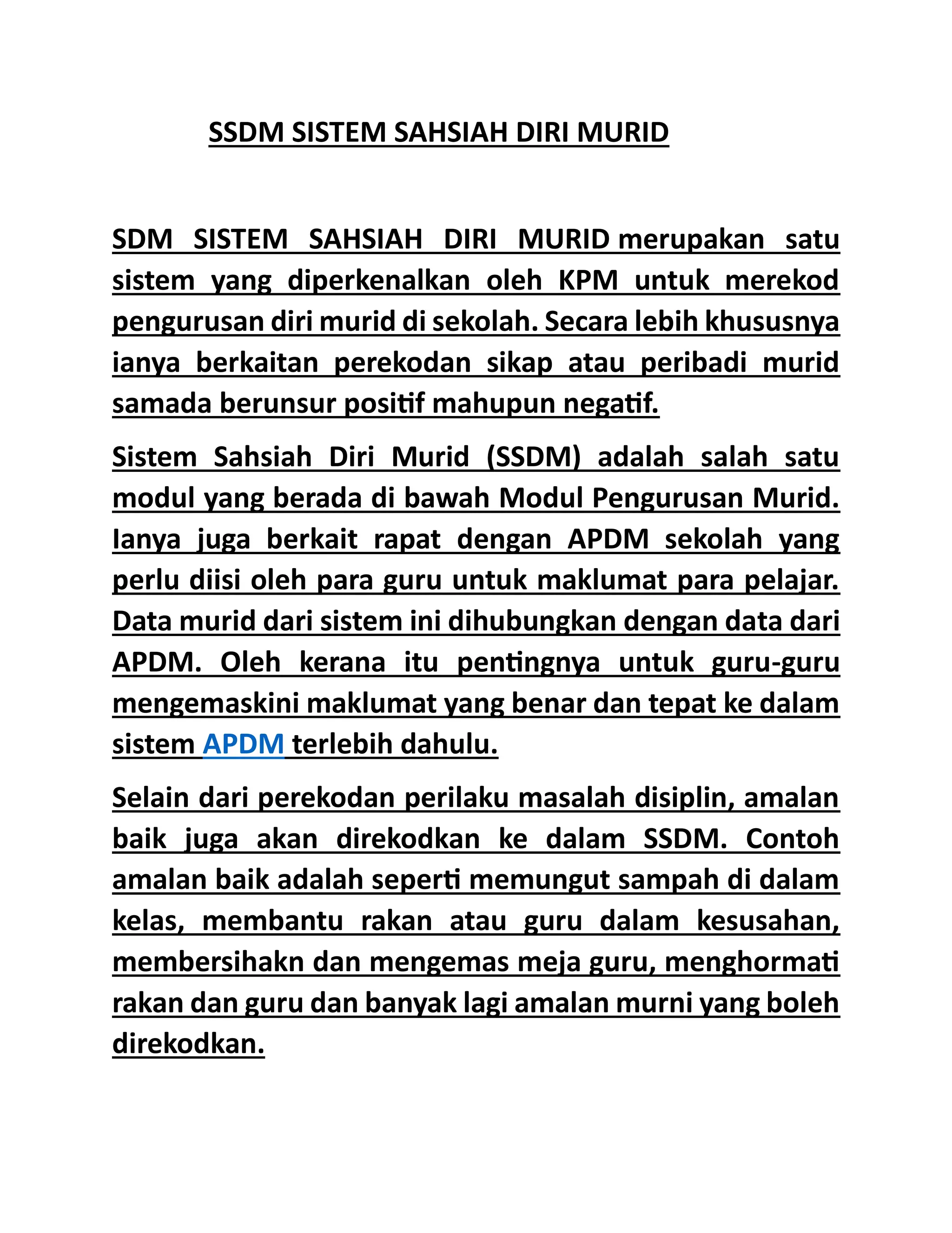 PENERANGAN BERKAITAN SSDM SISTEM SAHSIAH DIRI MURID. | PDF