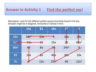 factoring perfect square trinomial | PPTX