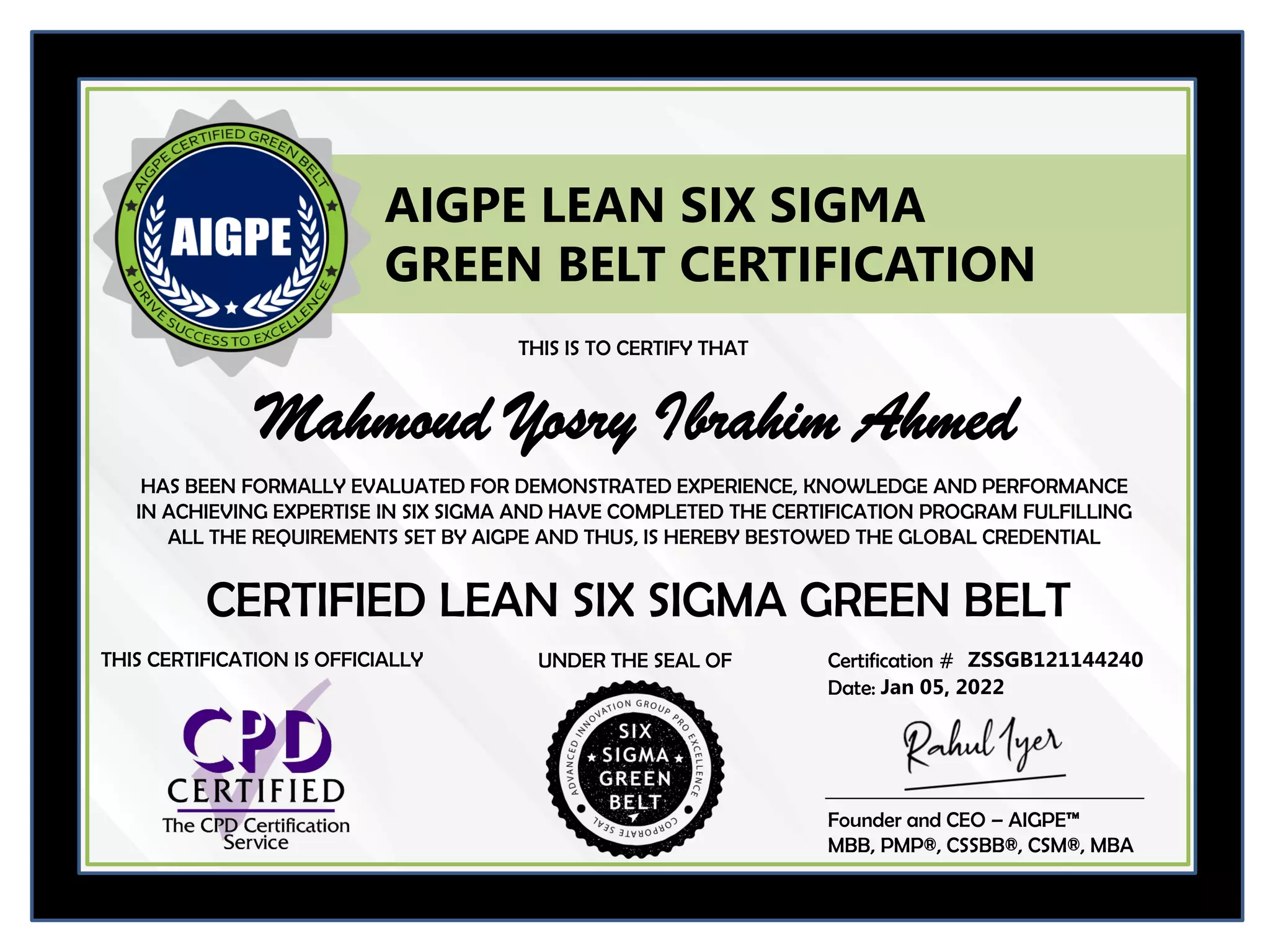 Six Sigma Green Belt Certificate | PDF