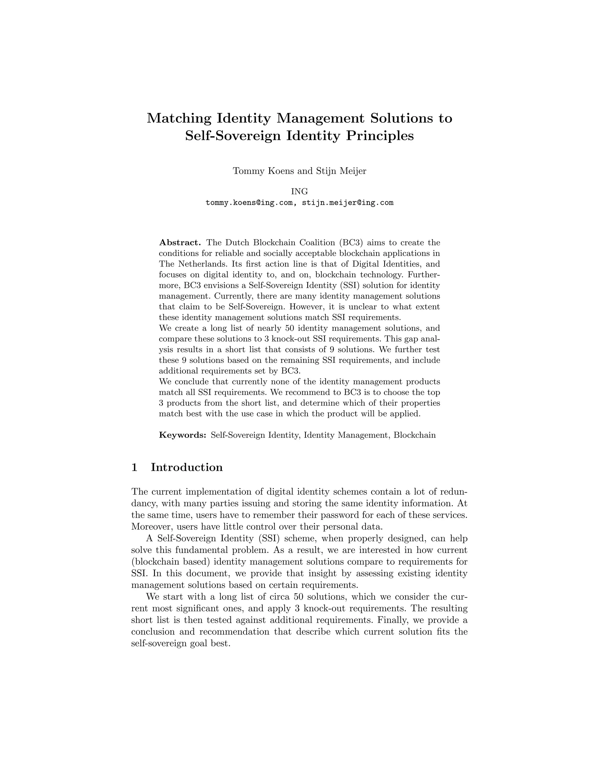 Matching Identity Management Solutions to Self-Sovereign Identity Principles | PDF