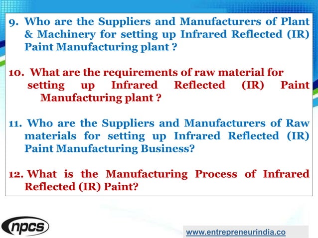 Infrared Reflected (IR) Paint Manufacturing Industry | PPT